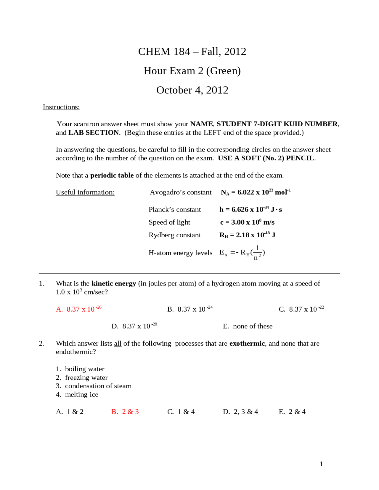 Past Exam 2 With Solutions On Foundations Of Chemistry I Chem 184