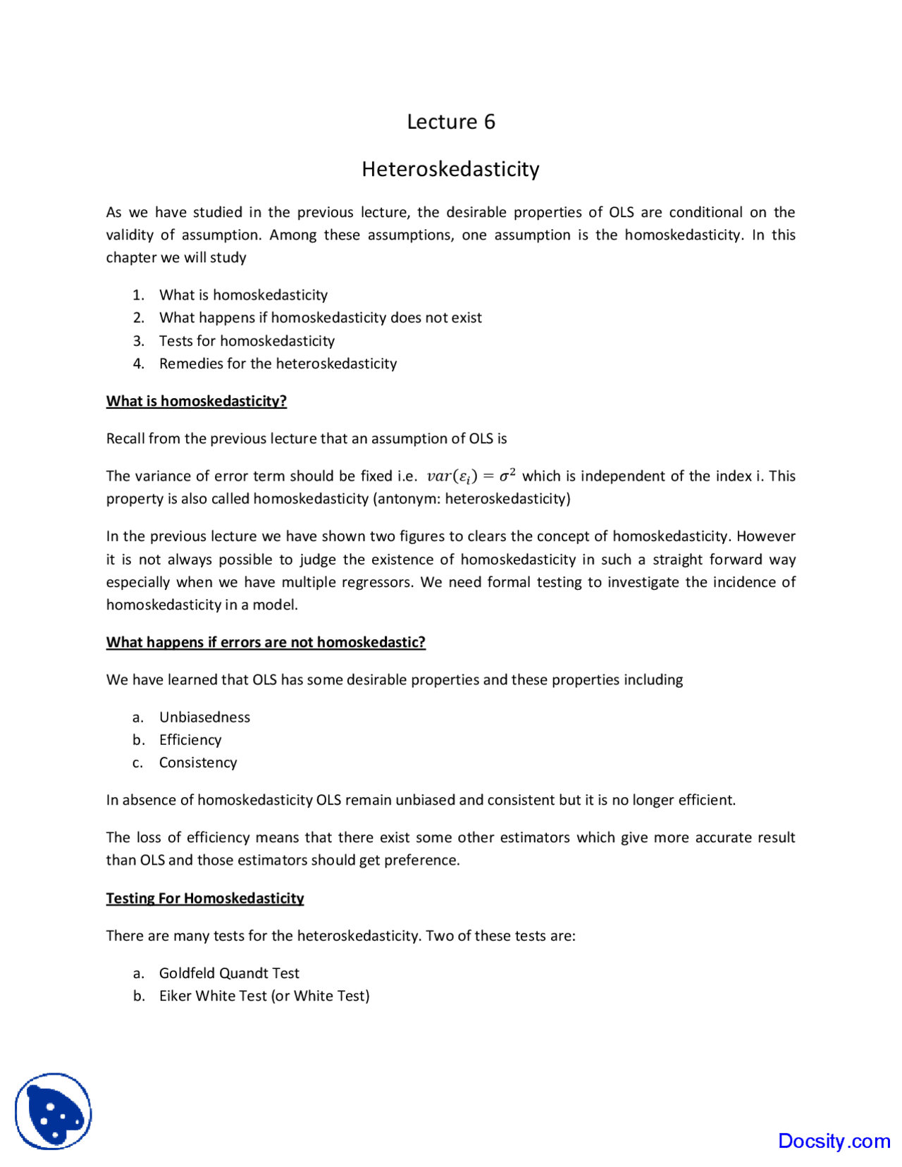 Heteroskedasticity Econometrics Lecture Notes Docsity