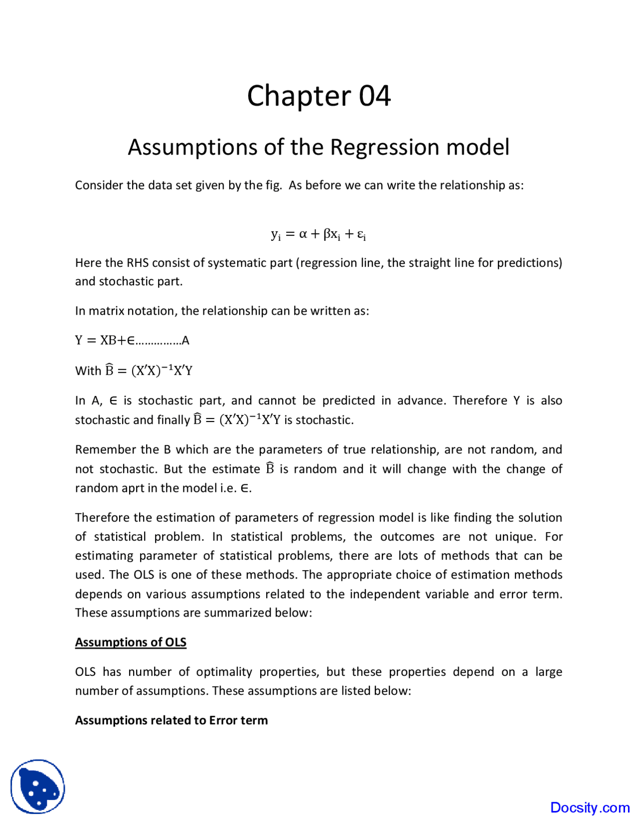 Assumptions Of The Regression Model Econometrics Lecture Notes Docsity