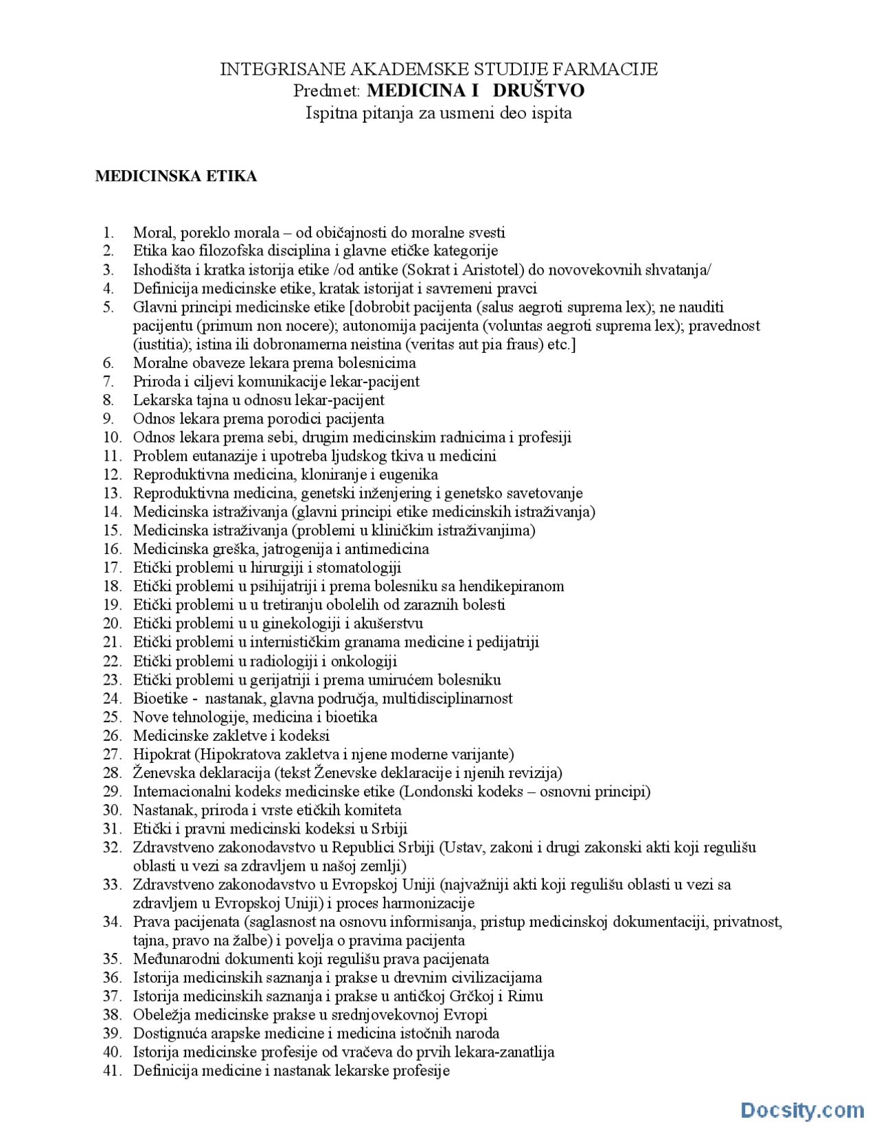 Ispitna pitanja-Ispit-Medicina i drustvo-Farmacija | Ispiti' predlog Farmacija - Docsity