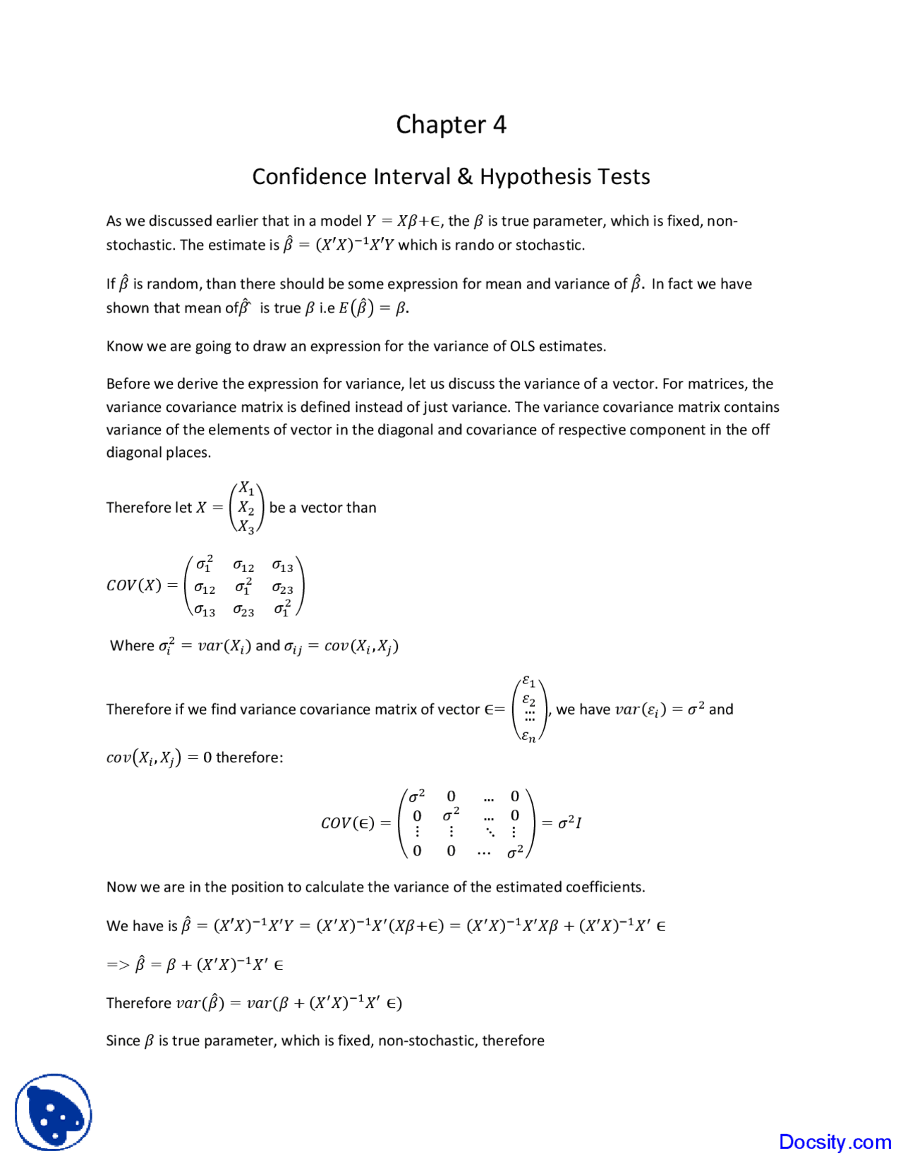 Confidence Interval And Hypothesis Tests Econometrics Lecture Notes