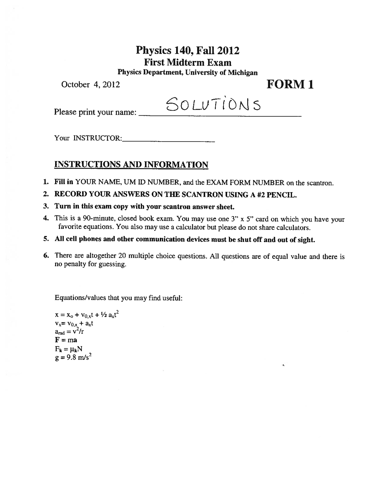 Midterm Exam Solutions For General Physics I Physics 140 Docsity