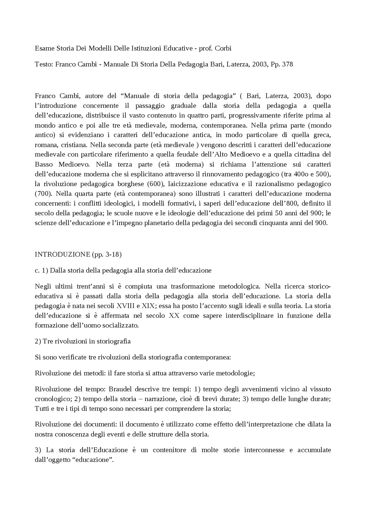Manuale Di Storia Della Pedagogia Riassunti Cambi Docsity