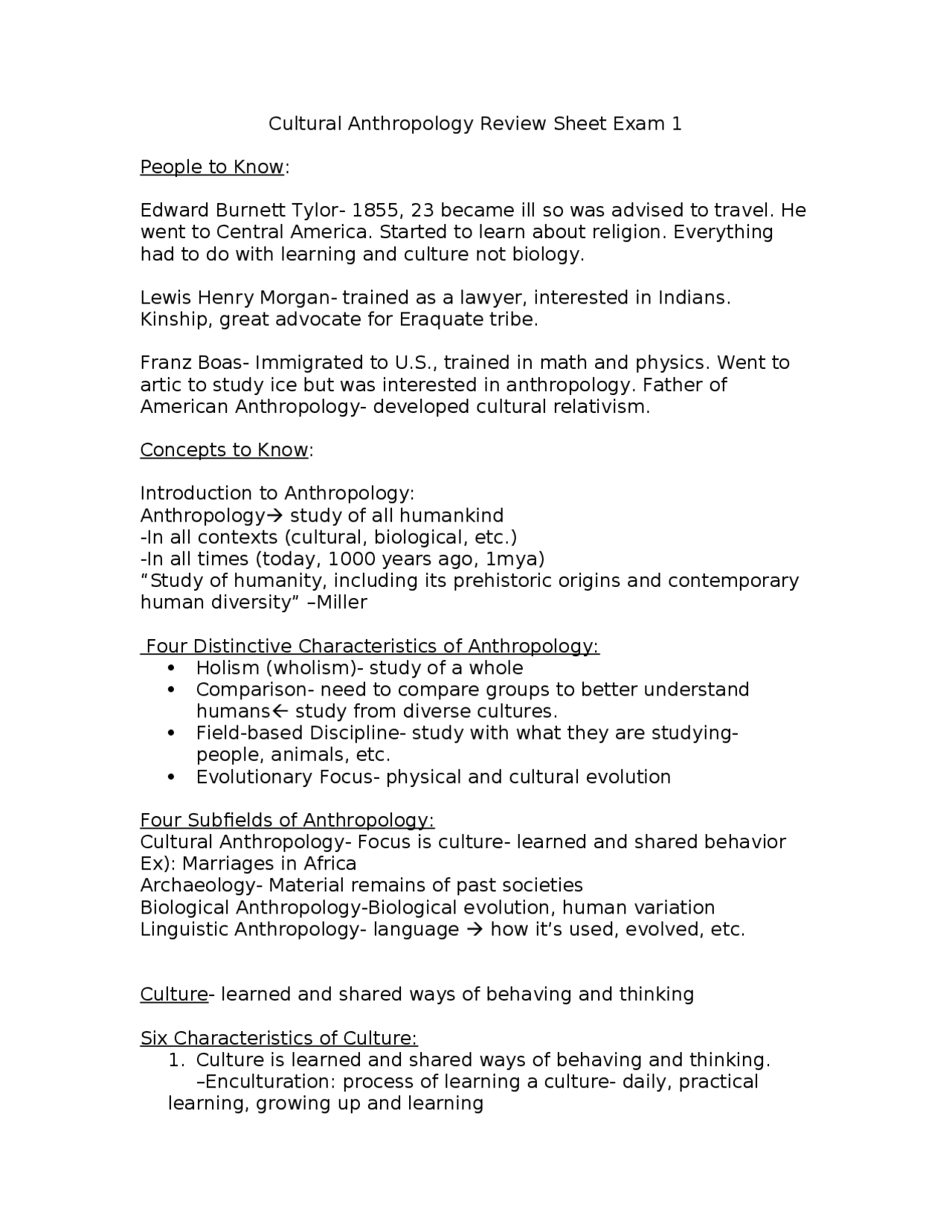 Notes on Cultural Anthropology - Guidelines for Exam | ANTH 1312 - Docsity