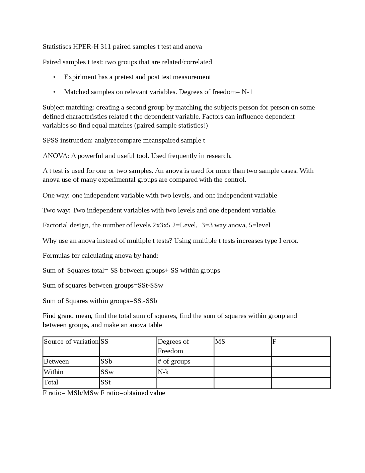 HPERH391 paired T test and Anova 11/5-11/9 - Docsity