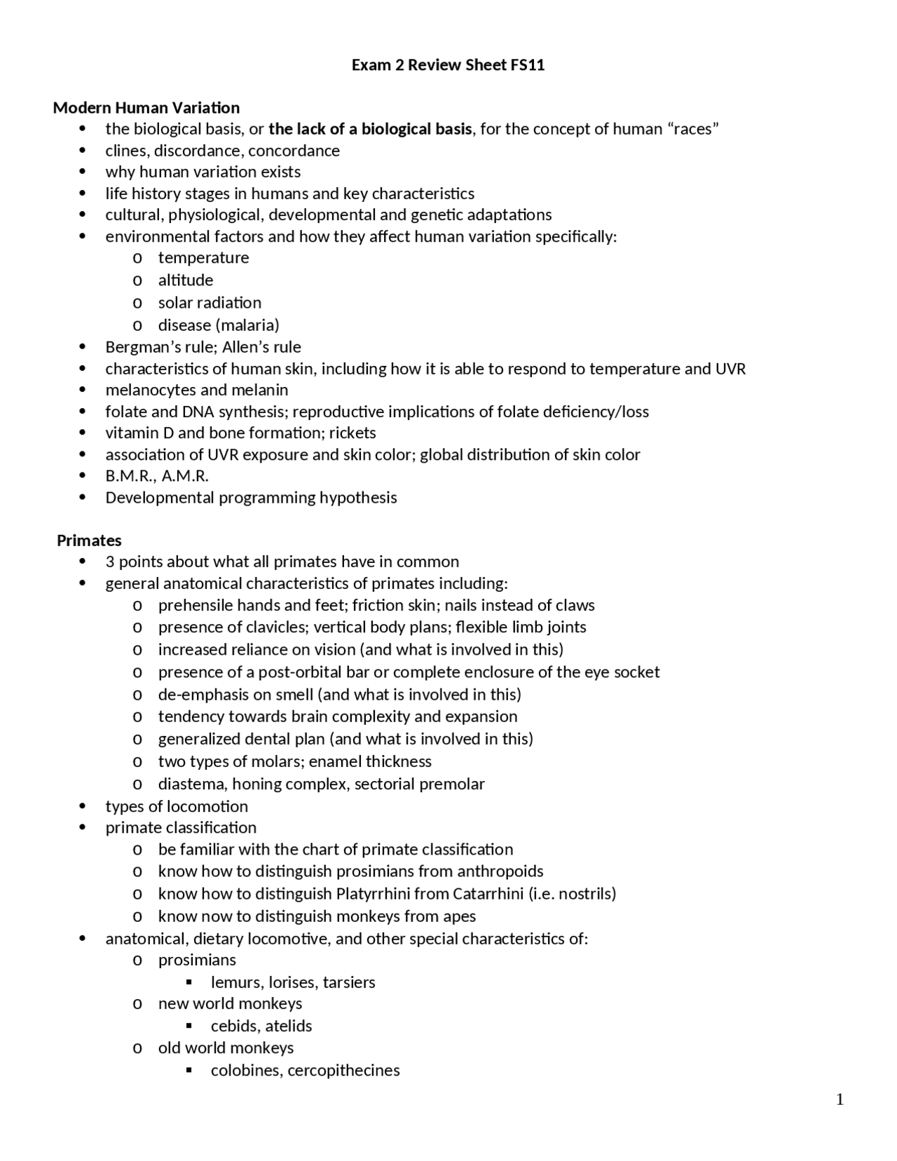 Biocultural Evolution Exam 2 Review Sheet Anp 202 Docsity