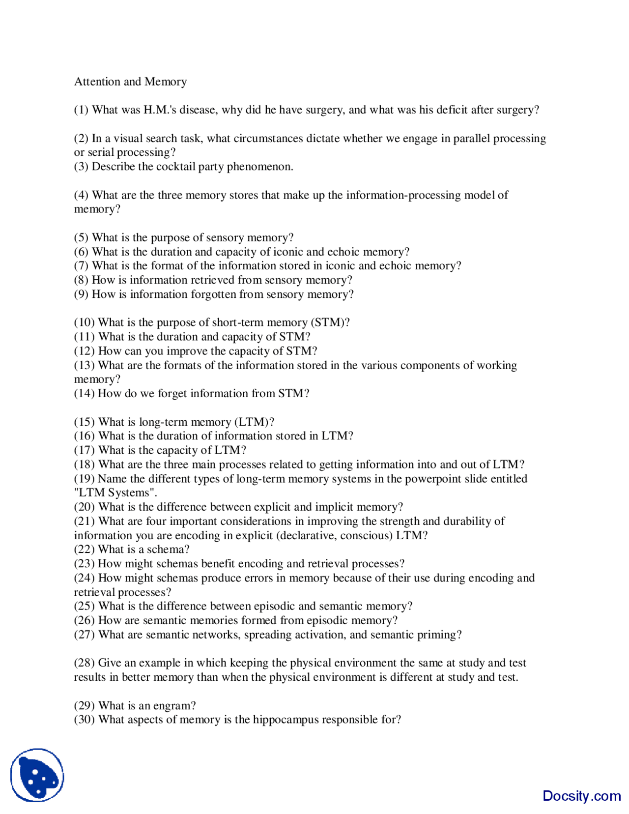 Attention and Memory - Introduction to Psychology - Questions - Docsity