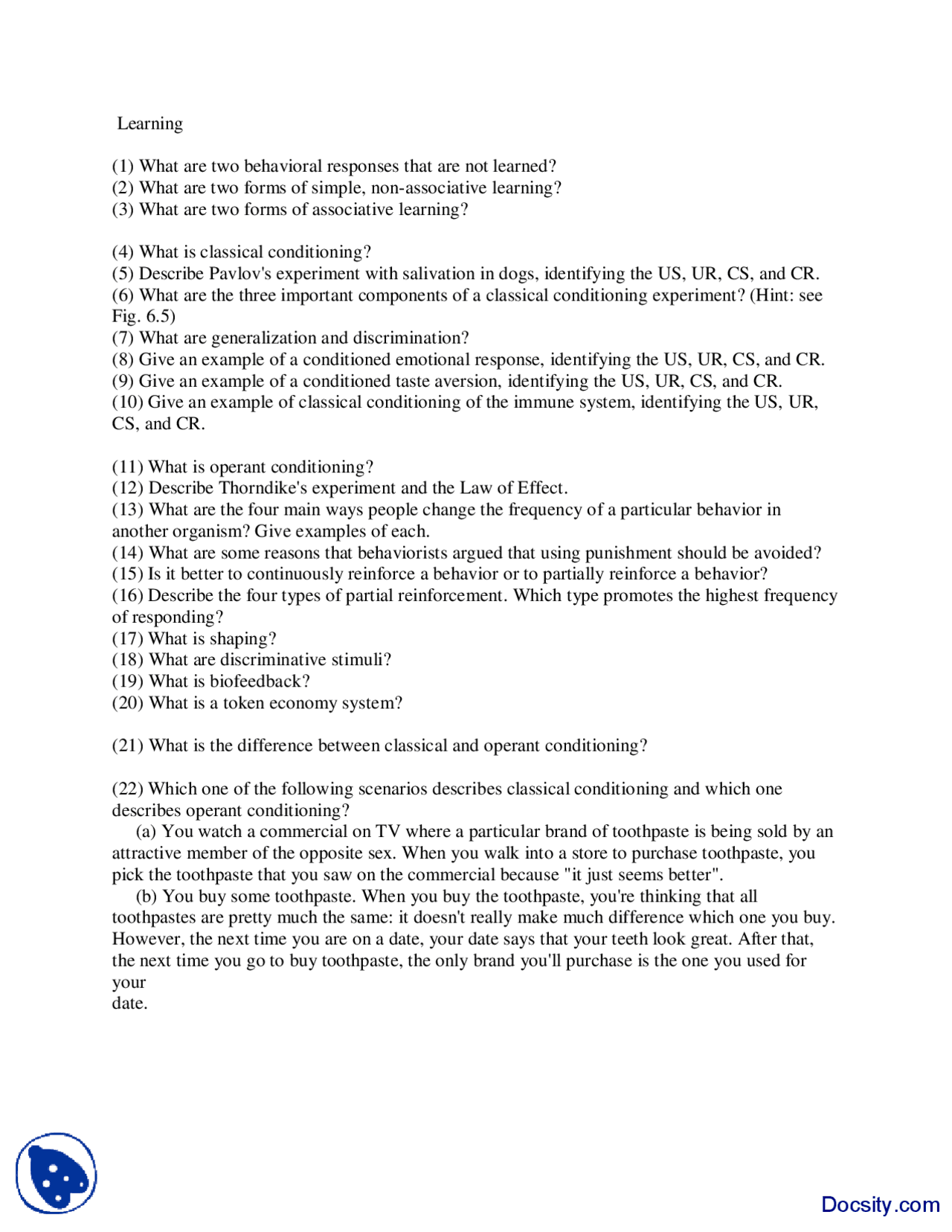 Learning Introduction To Psychology Questions Docsity