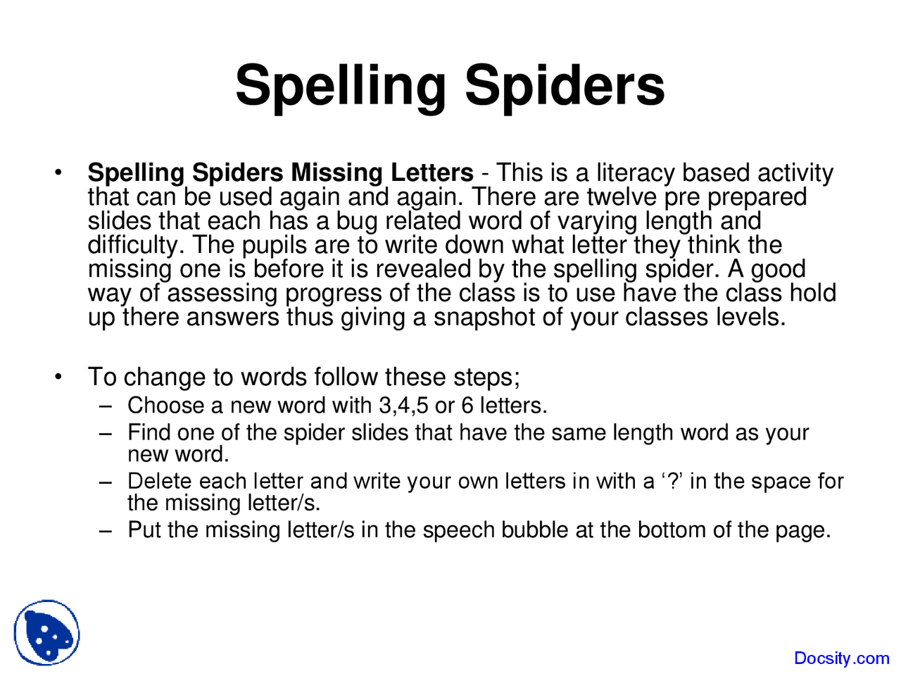 Spelling Spiders English Language Lecture Slides Docsity