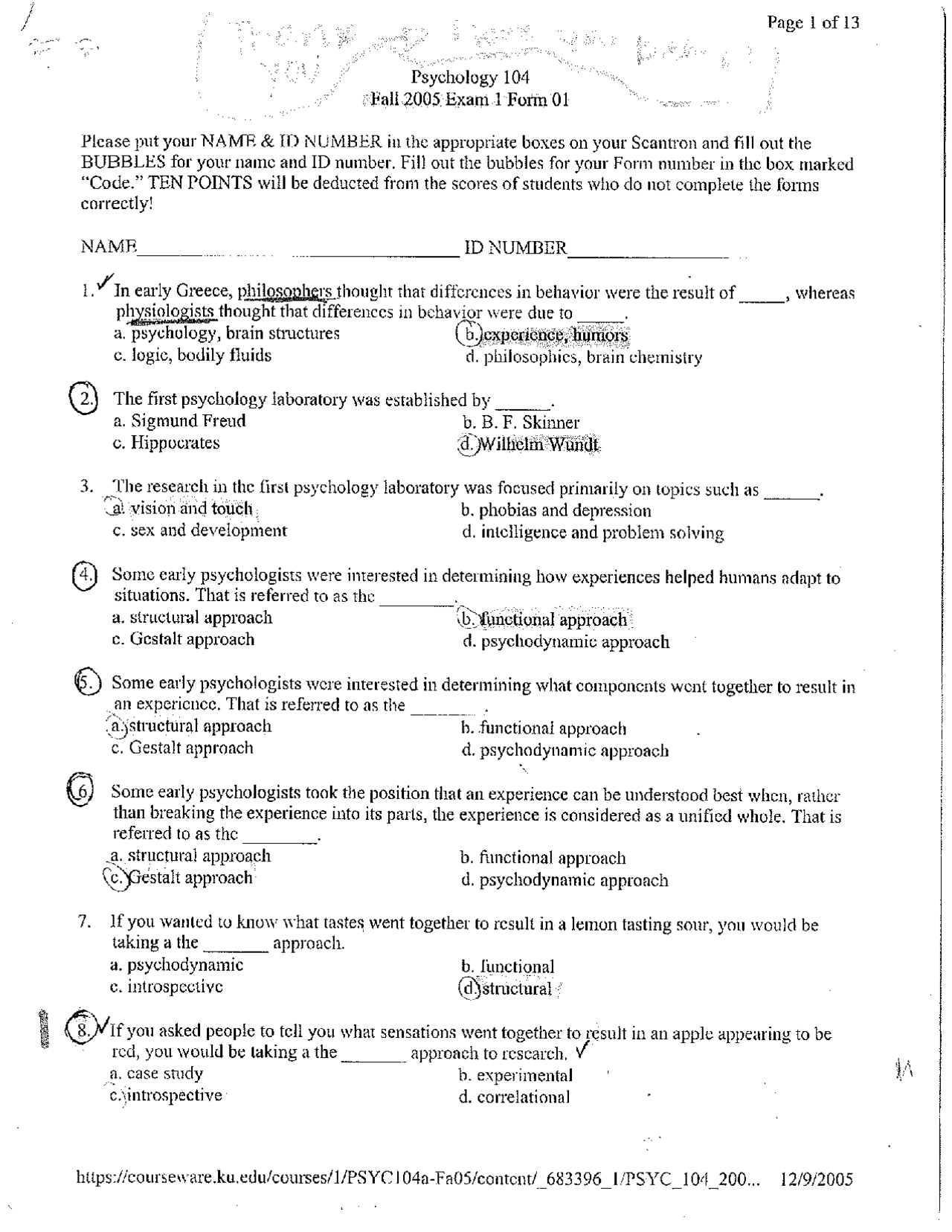 49 Solved MCQs in Examination 1 - General Psychology | PSYC 104 - Docsity