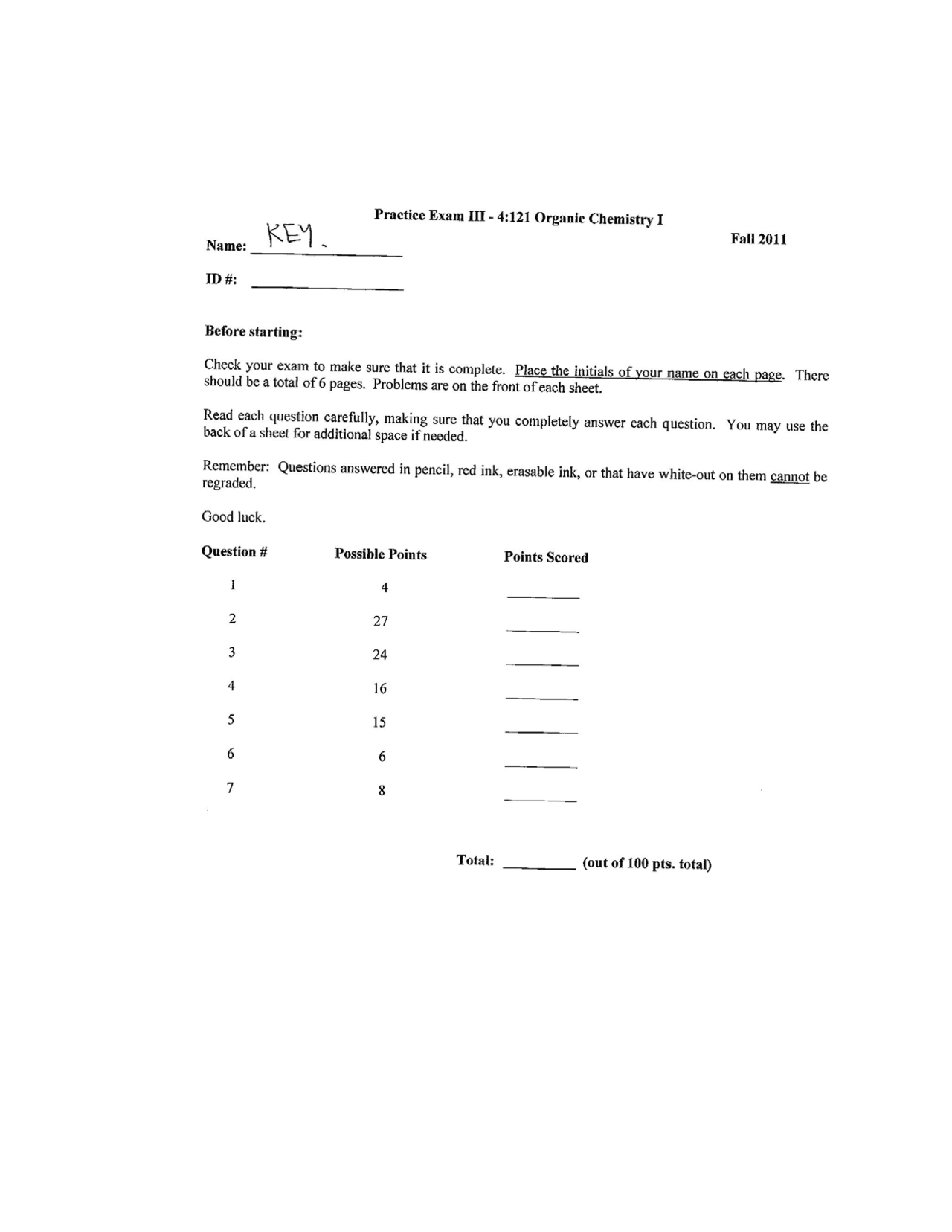 Practice Exam With Answer Key Organic Chemistry Ii 004 122 Docsity