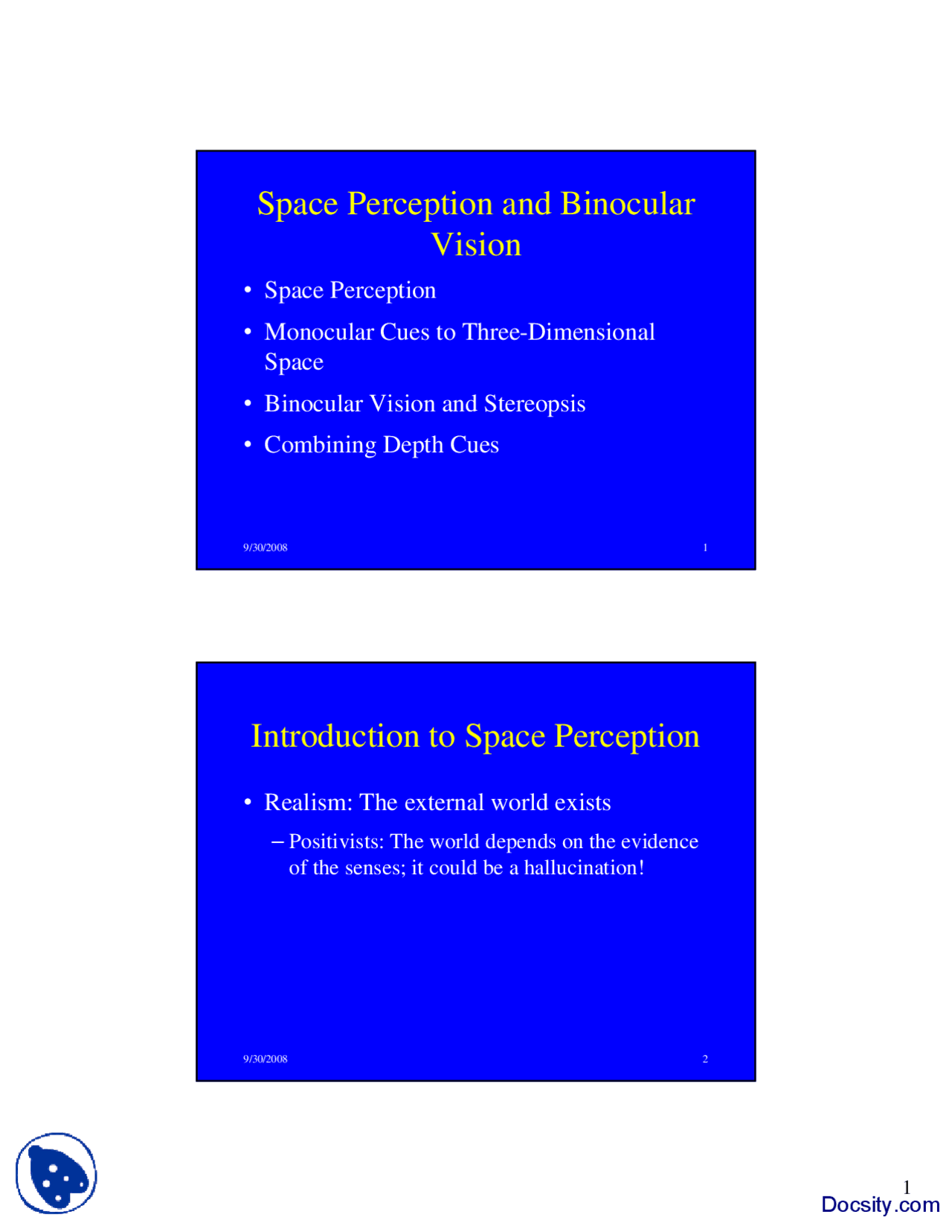 Space Perception And Binocular Sensation And Perception Lecture Slides Docsity