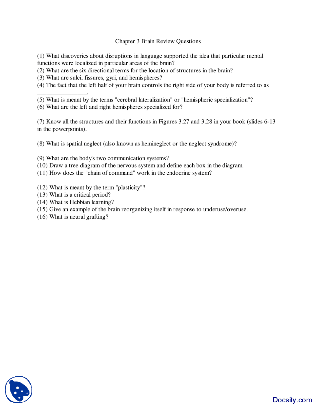 Brain Introduction To Psychology Questions Docsity