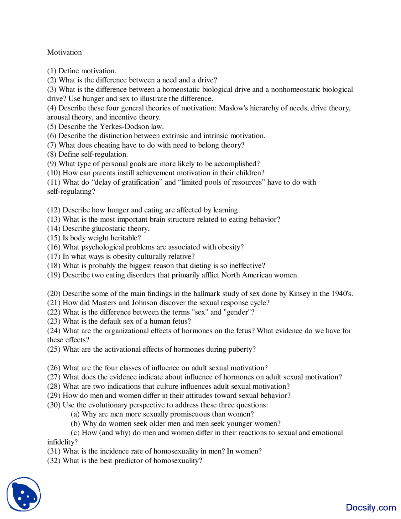 Motivation - Introduction to Psychology - Questions - Docsity