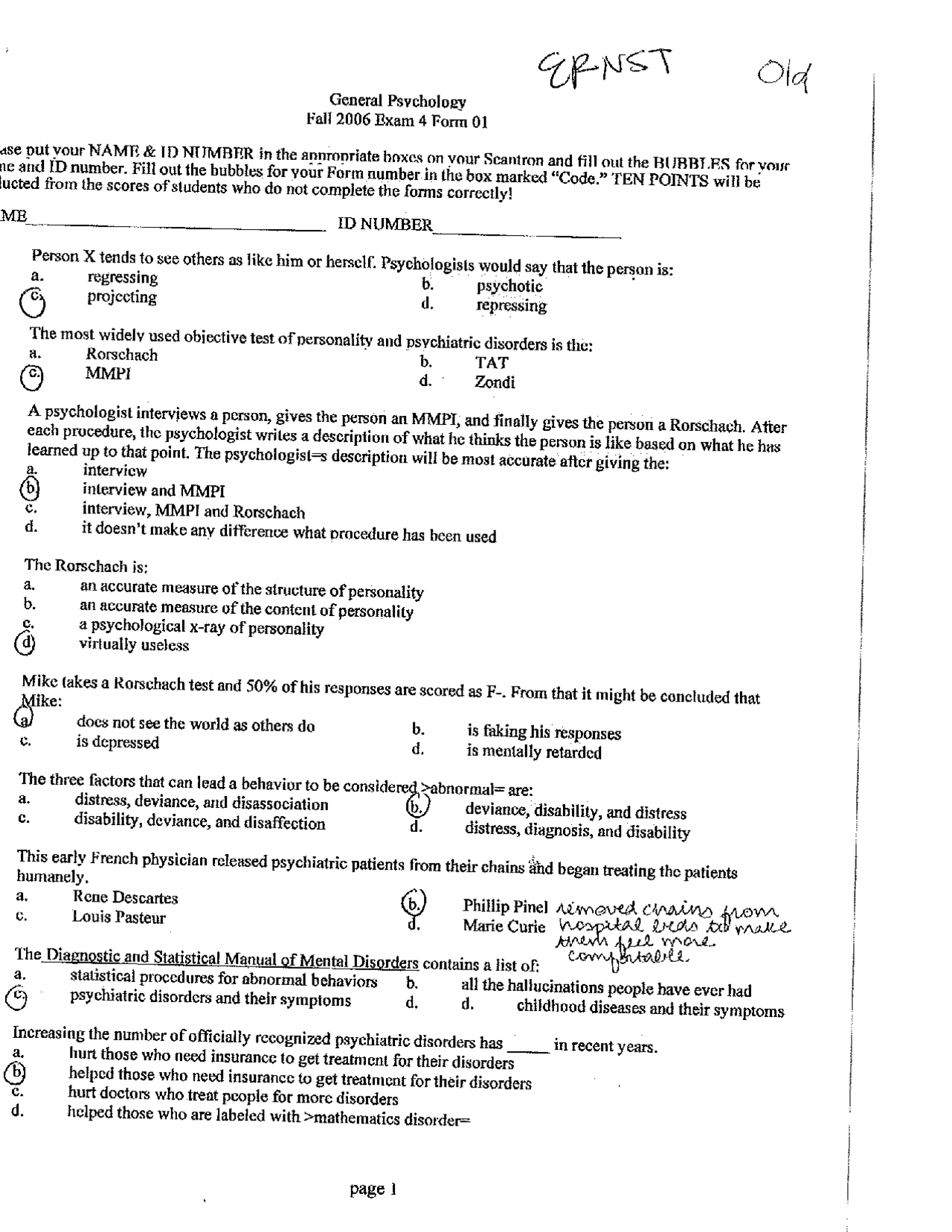 General Psychology - Answer Key for Exam 4 Form 1 | PSYC 104 - Docsity