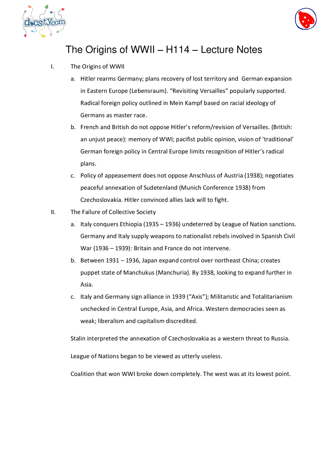 The Origins of WWII – H114 – Lecture Notes - Docsity