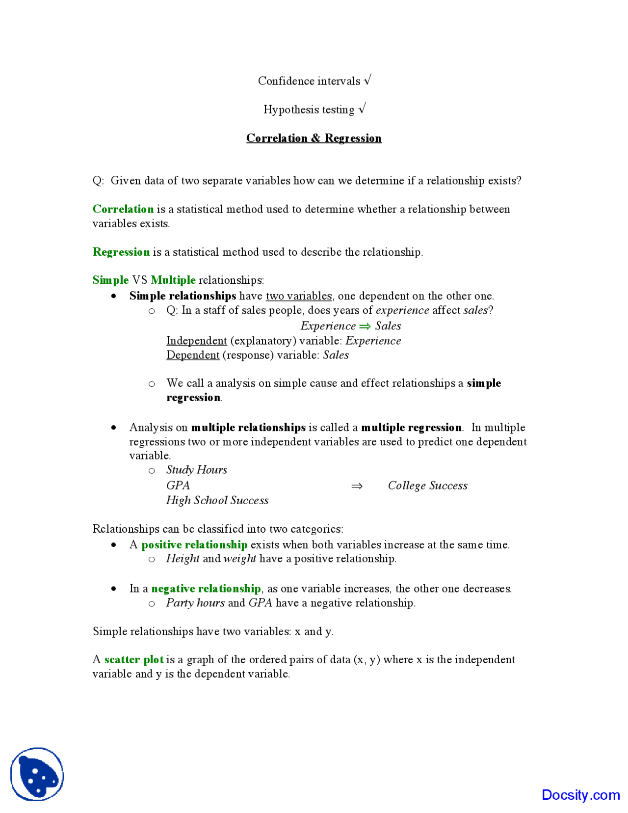 Correlation And Regression Introduction To Statistics Lecture Notes