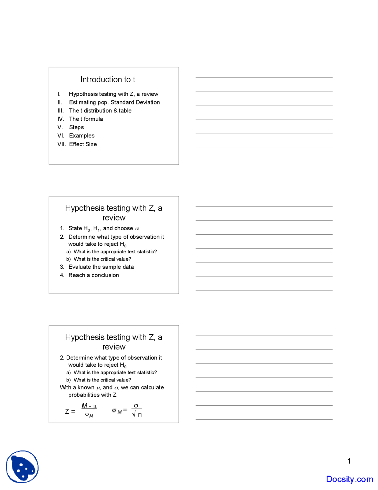 Introduction To T Basic Statistics For Behavioral Science Lecture Slides Docsity