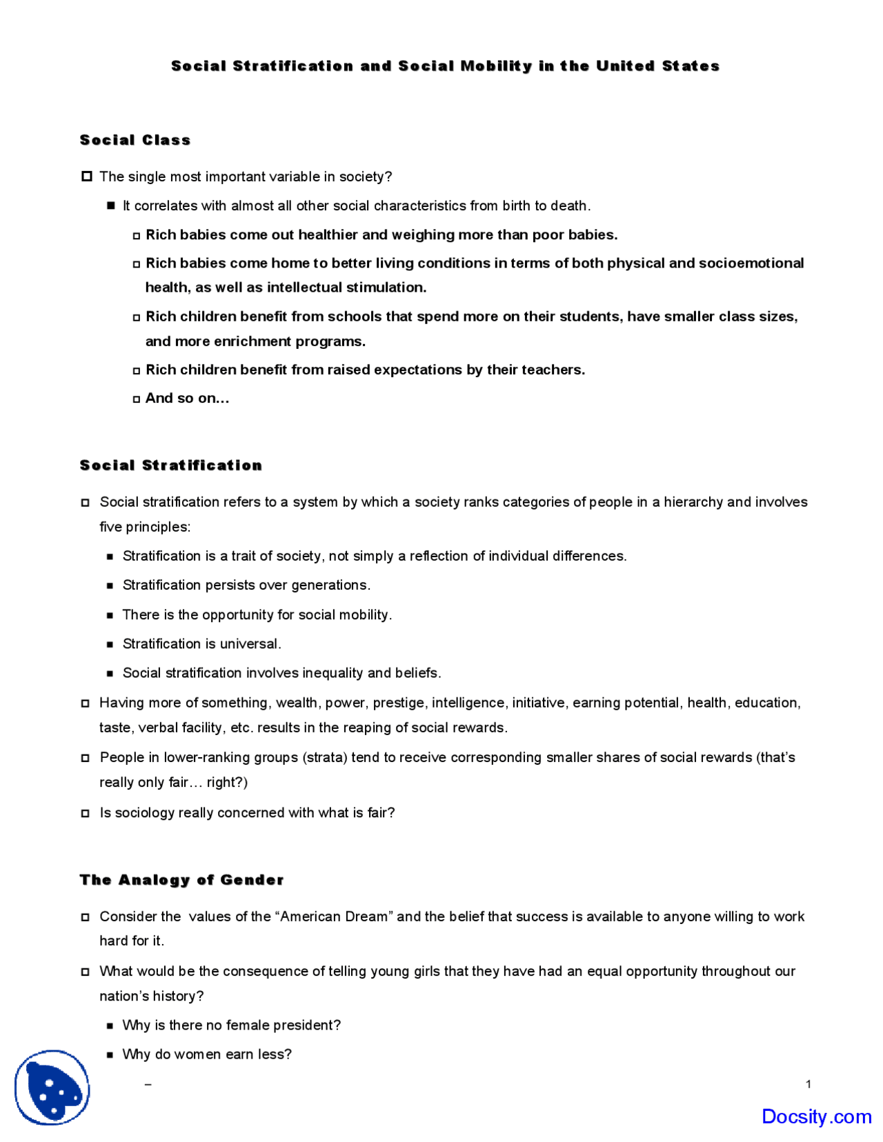 Social Class And Stratification Sociology Lecture Handout Docsity