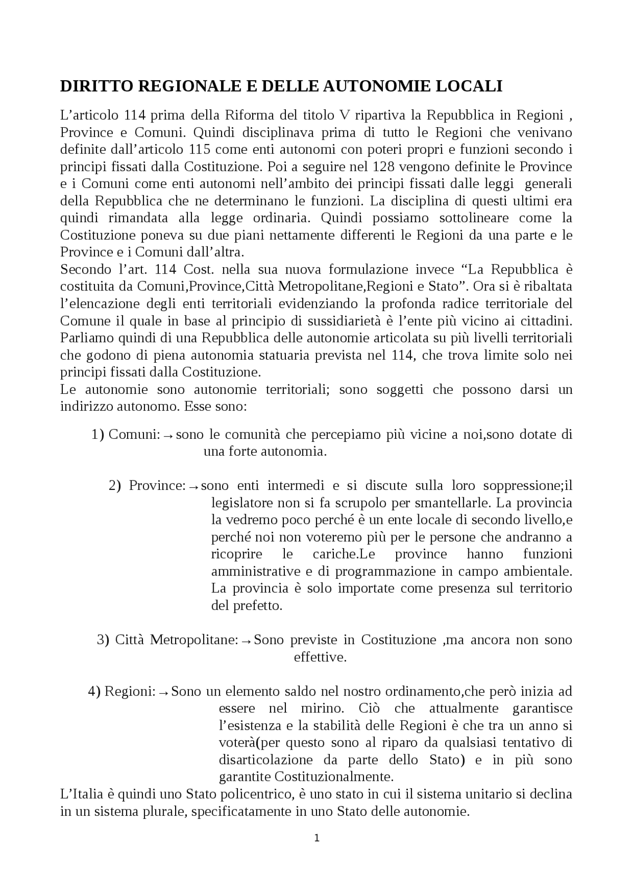 Diritto Regionale E Delle Autonomie Locali Appunti Di Diritto