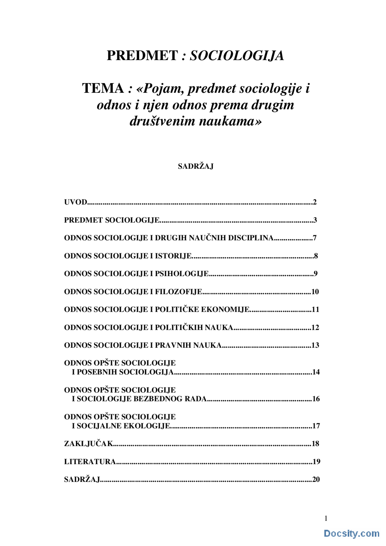 Pojam sociologije-Seminarski rad-Sociologija | Maturalni radovi od Opšta sociologija | Docsity