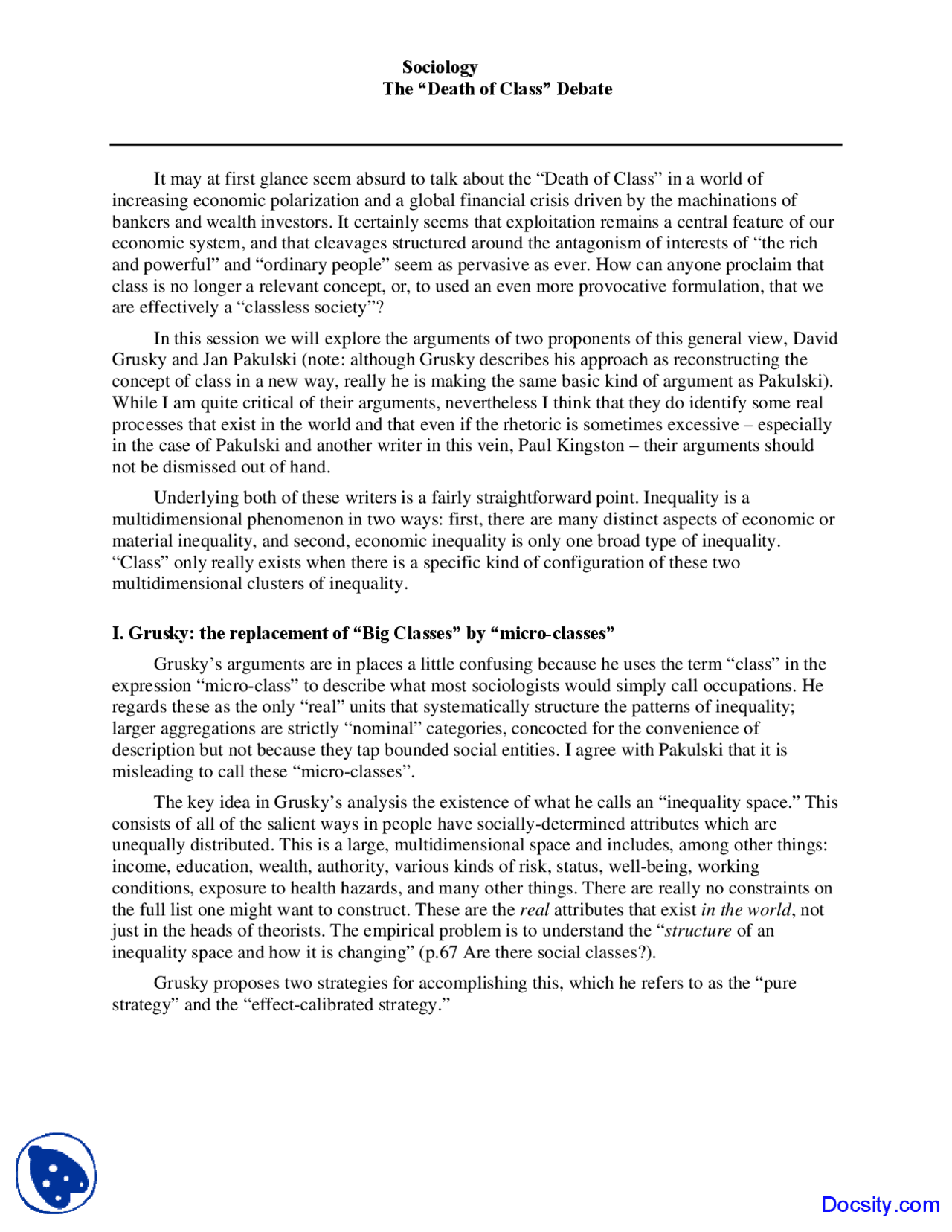 The Death Of Class Debate Introduction To Sociology Lecture Notes