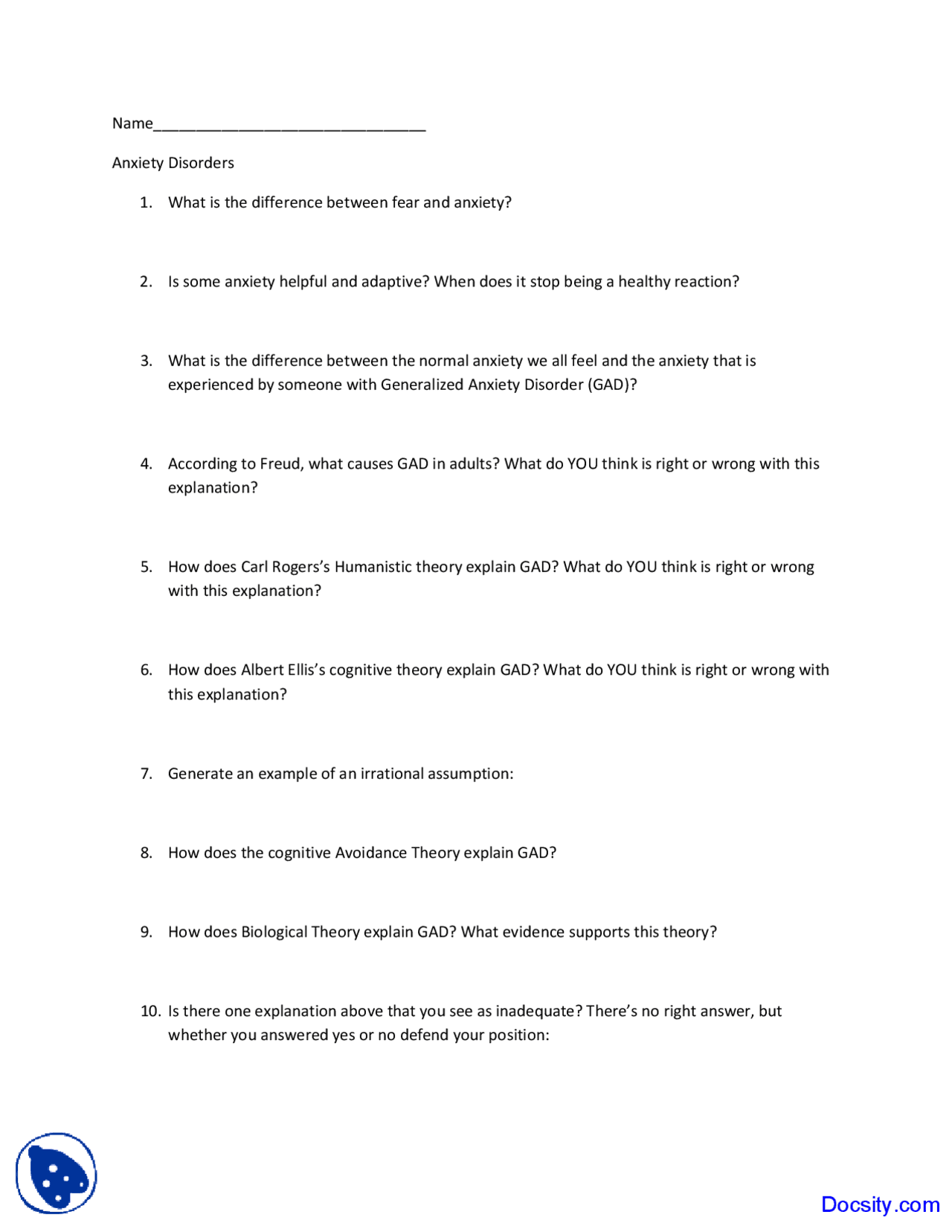 Anxiety Disorders Abnormal Psychology Questions Docsity