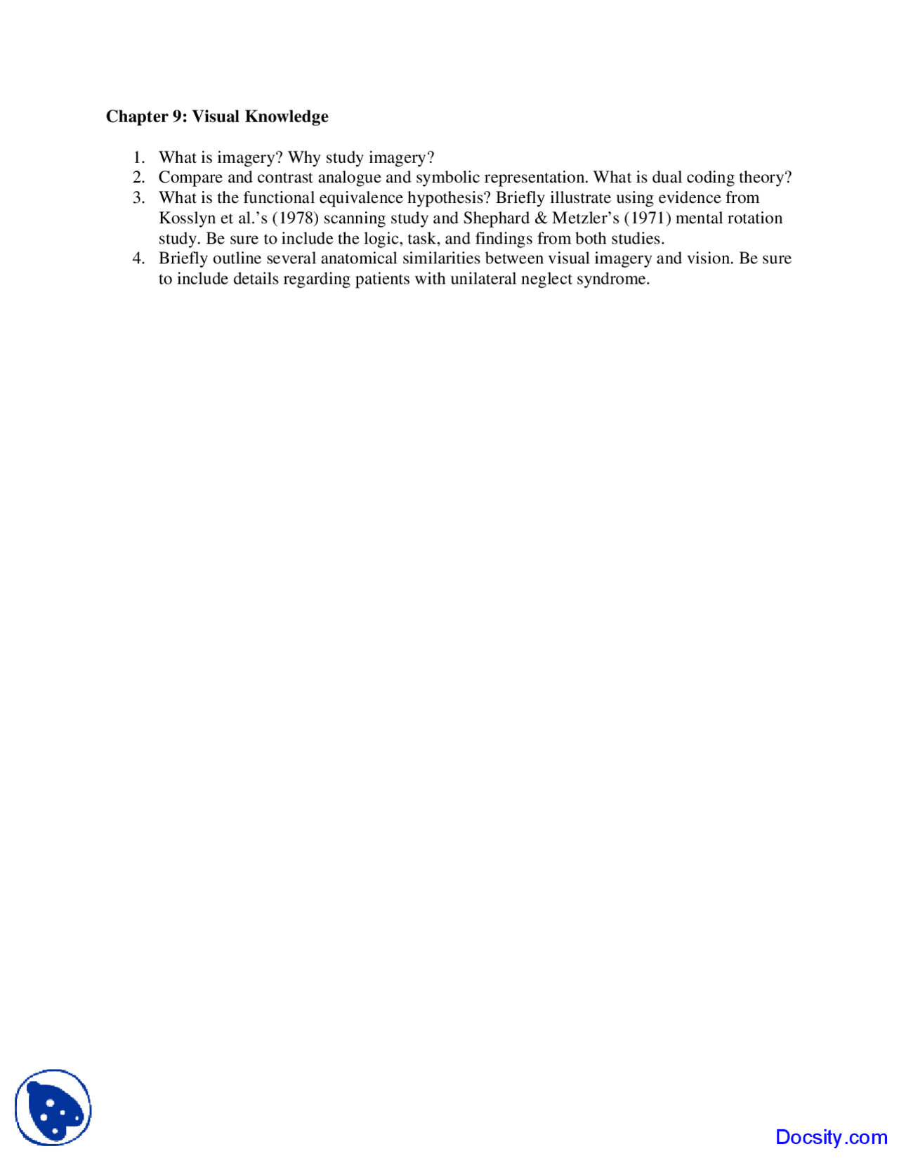 Visual Knowledge Cognitive Psychology Quiz Docsity