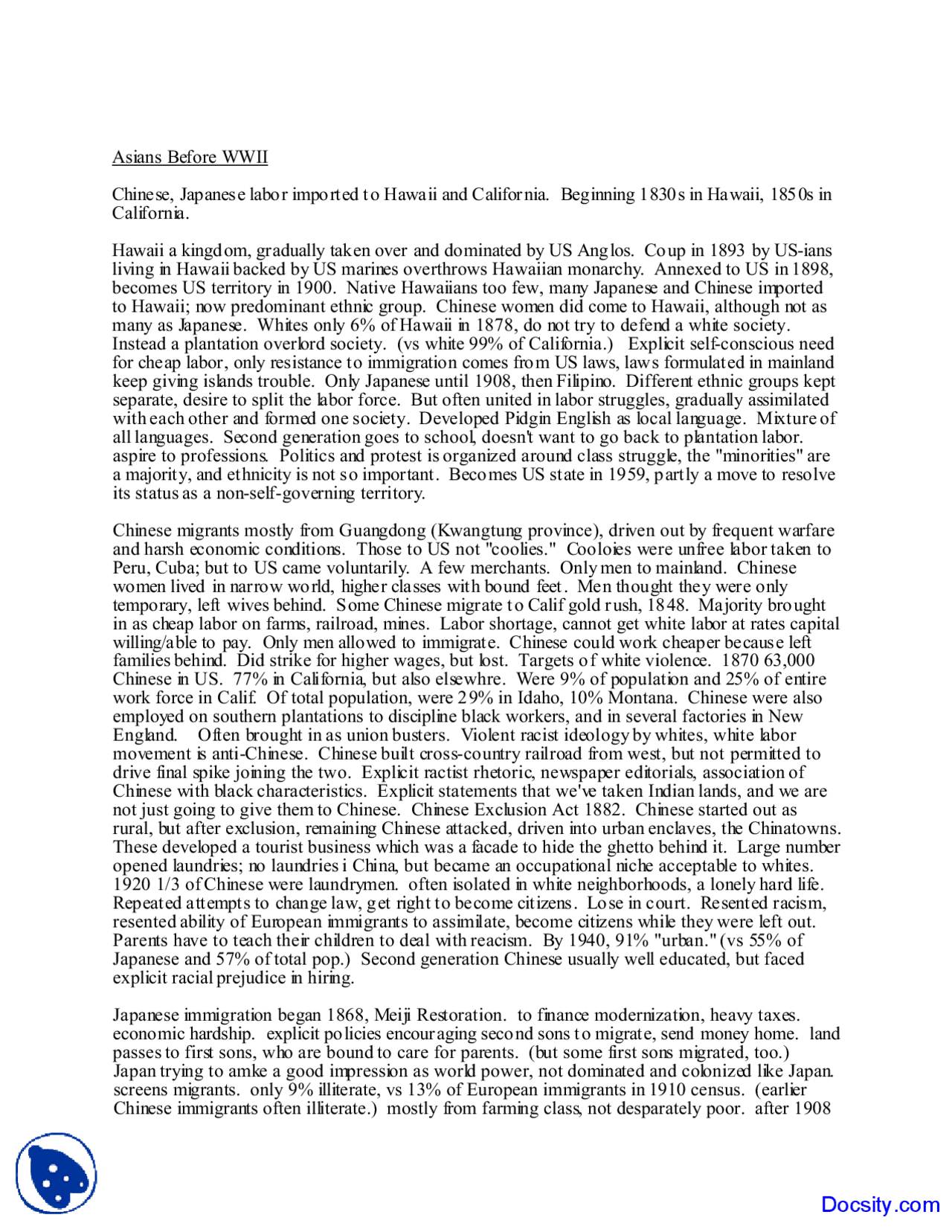 Asians Before Wwii Ethnic Movements In The Us Lecture Notes Docsity