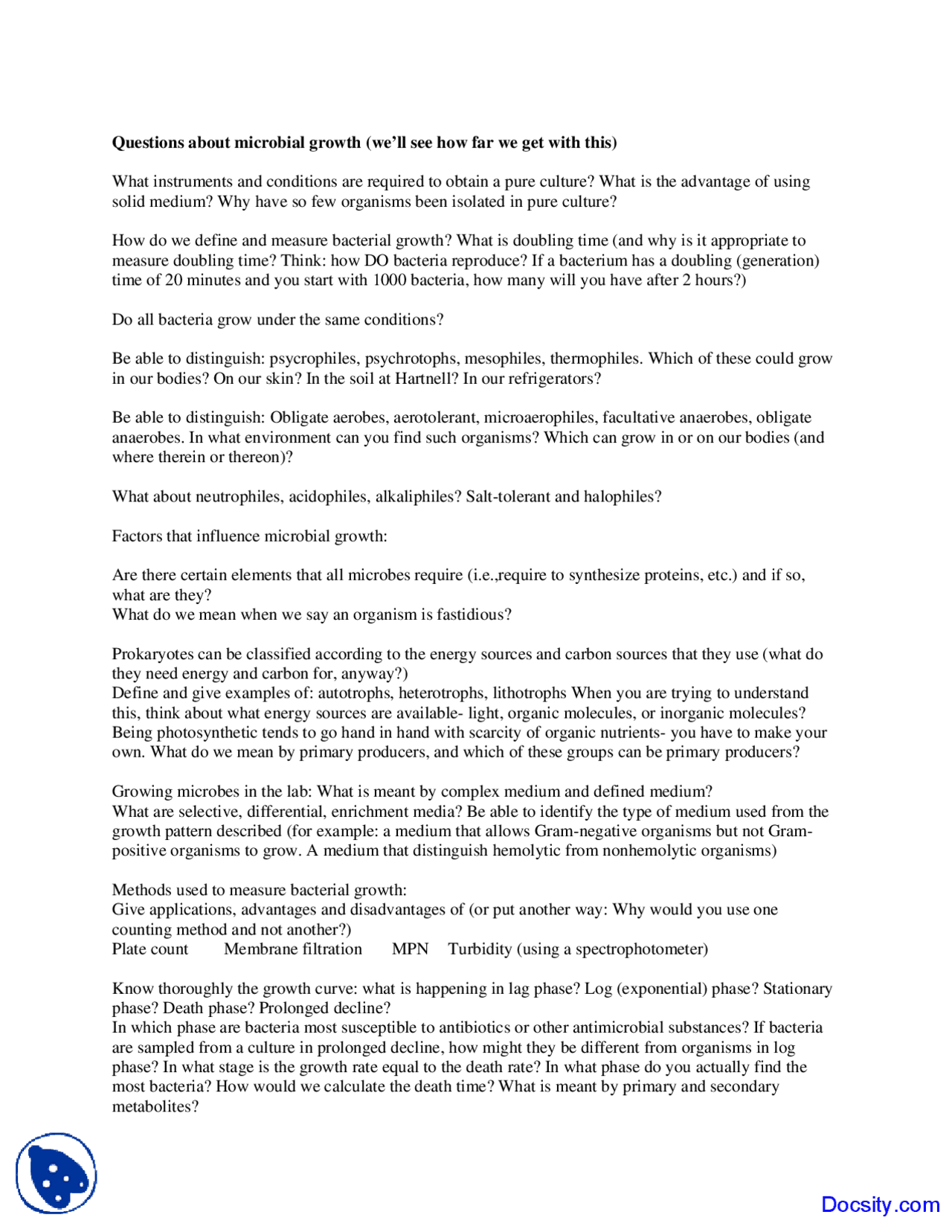 Microbial Growth Principles Of Microbiology Quiz Exercises
