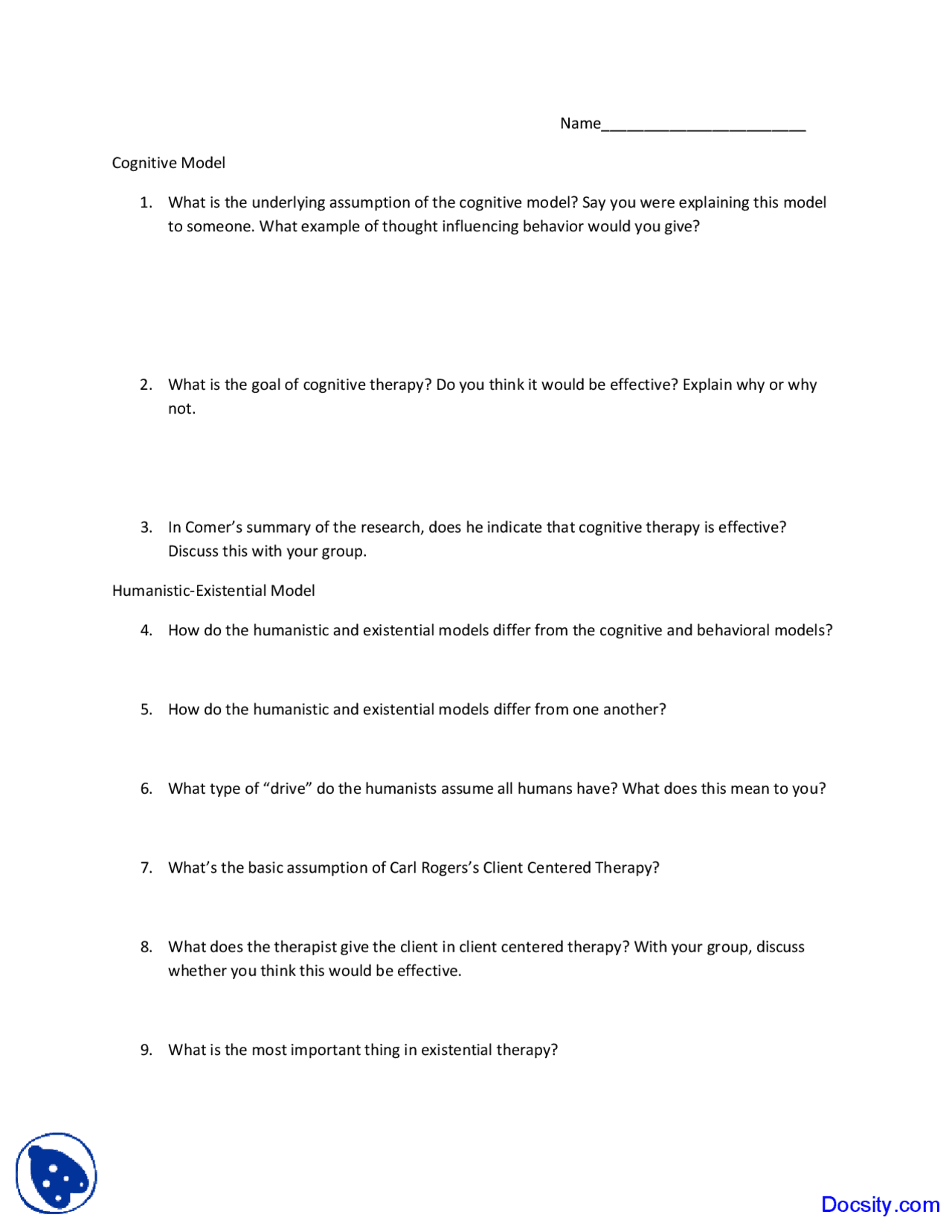 Cognitive Model - Abnormal Psychology - Questions - Docsity