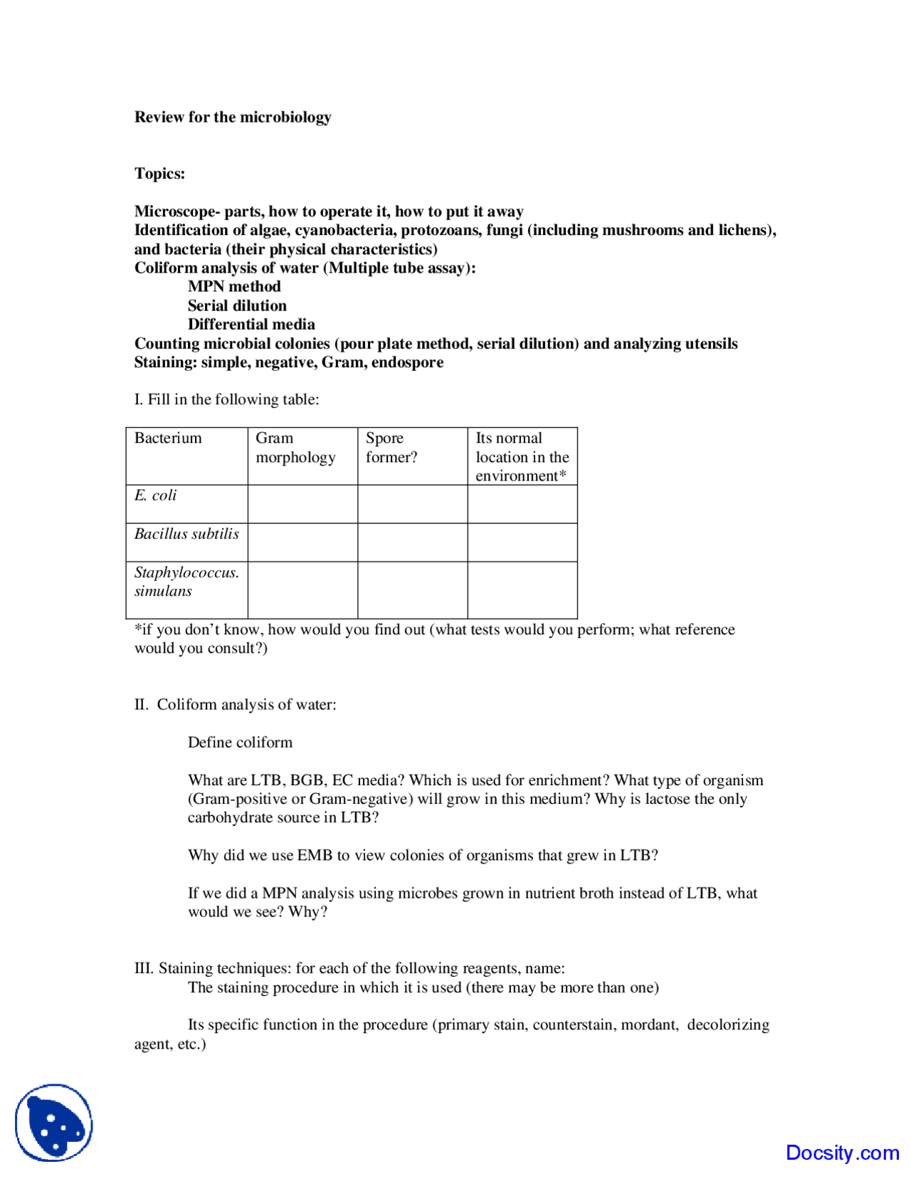 Microscope - Principles of Microbiology - Quiz - Docsity