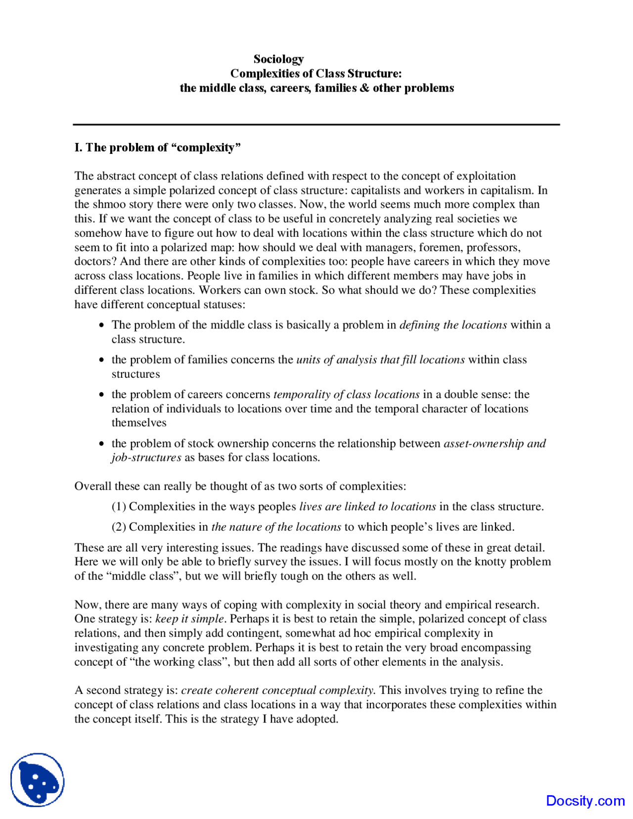 Complexities Of Class Structure Introduction To Sociology Lecture Notes Docsity