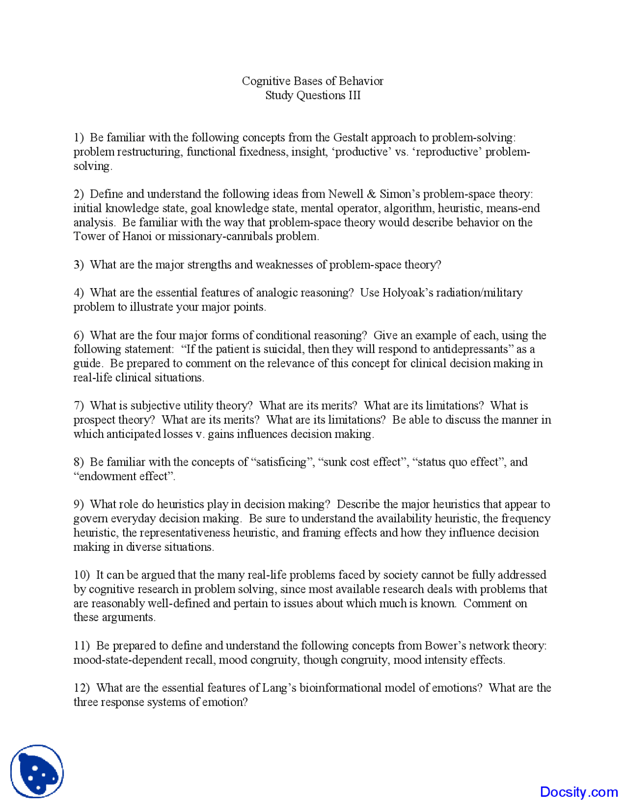Gestalt Approach Cognitive Bases Of Behavior Questions Docsity