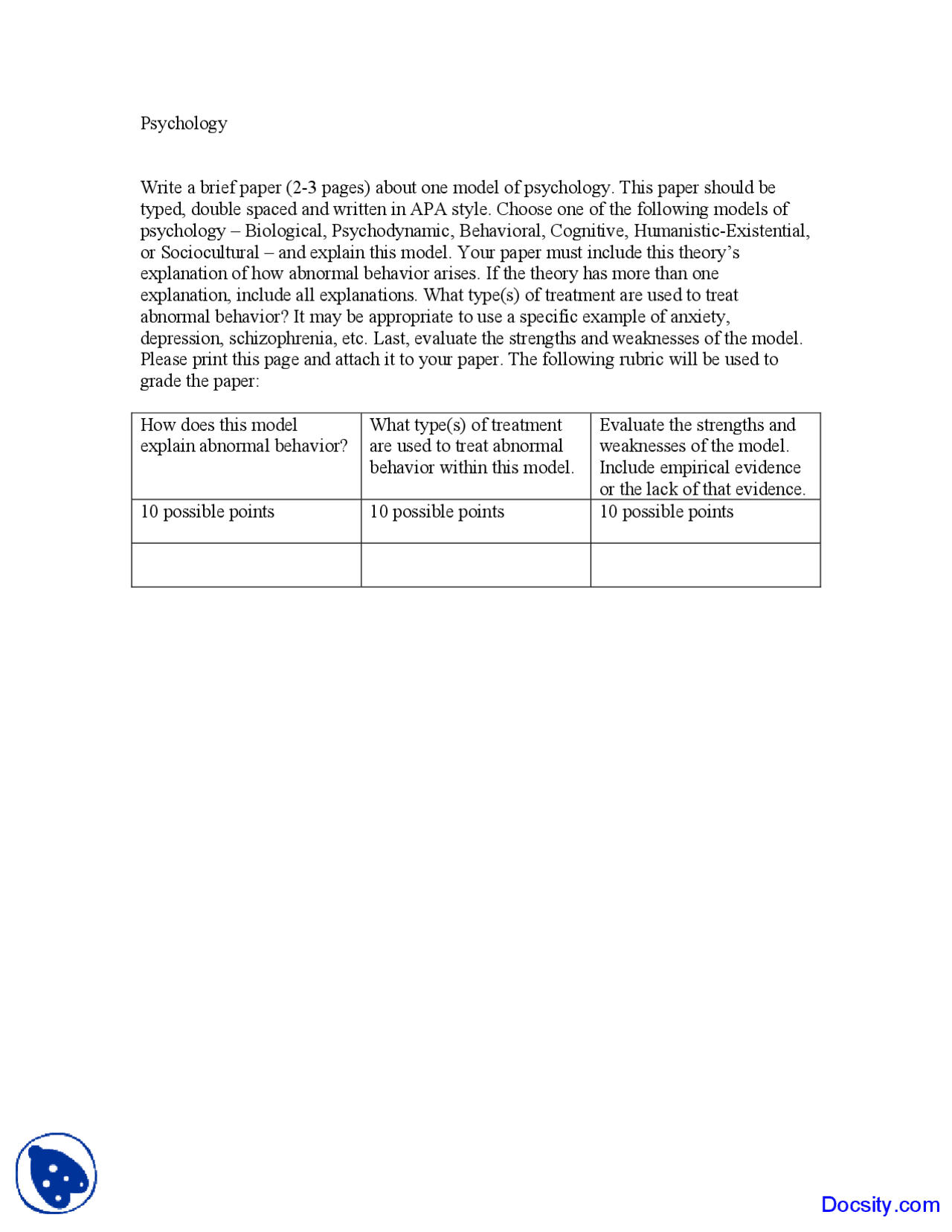 Model of Psychology - Abnormal Psychology - Assingment | Exercises ...