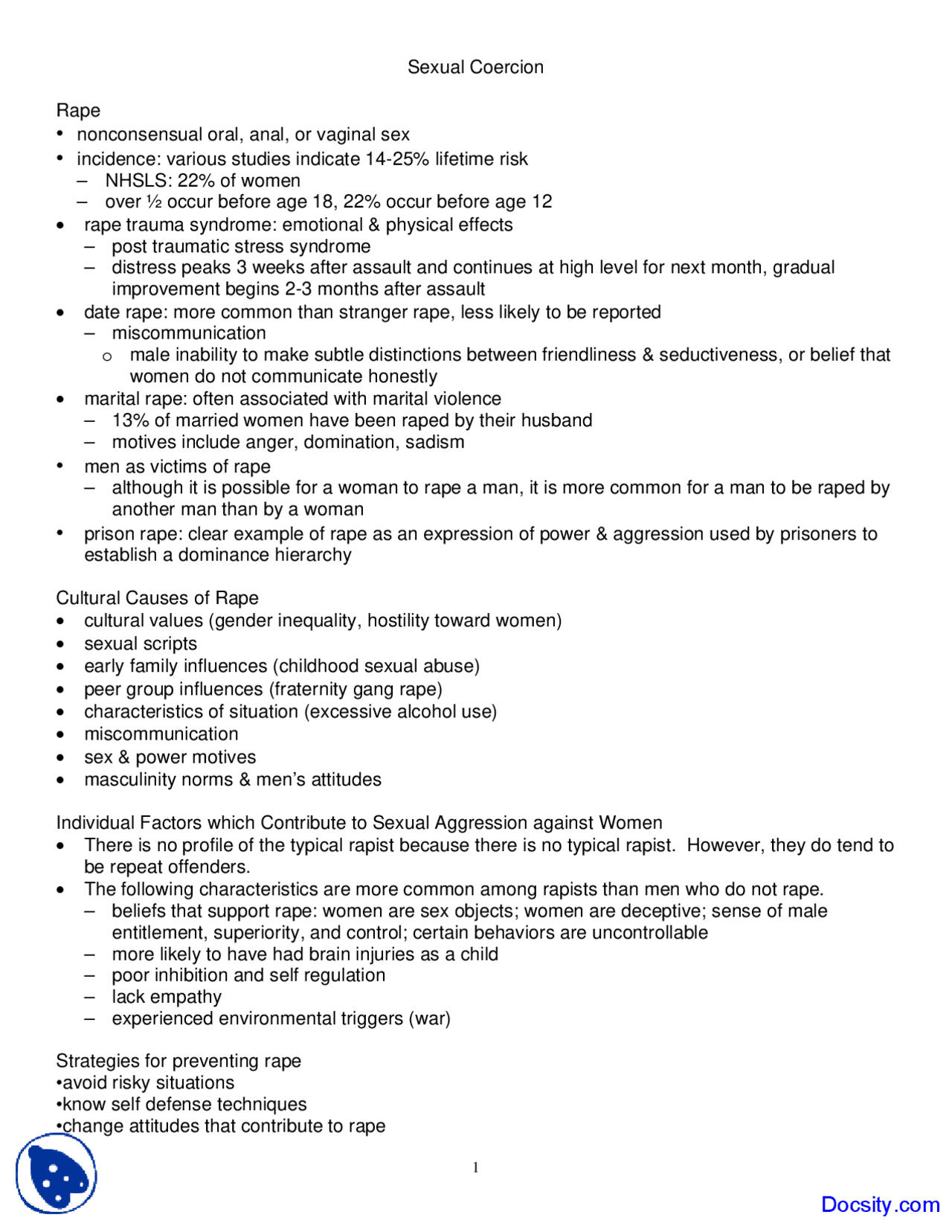 Sexual Coercion Human Sexuality Lecture Notes Docsity