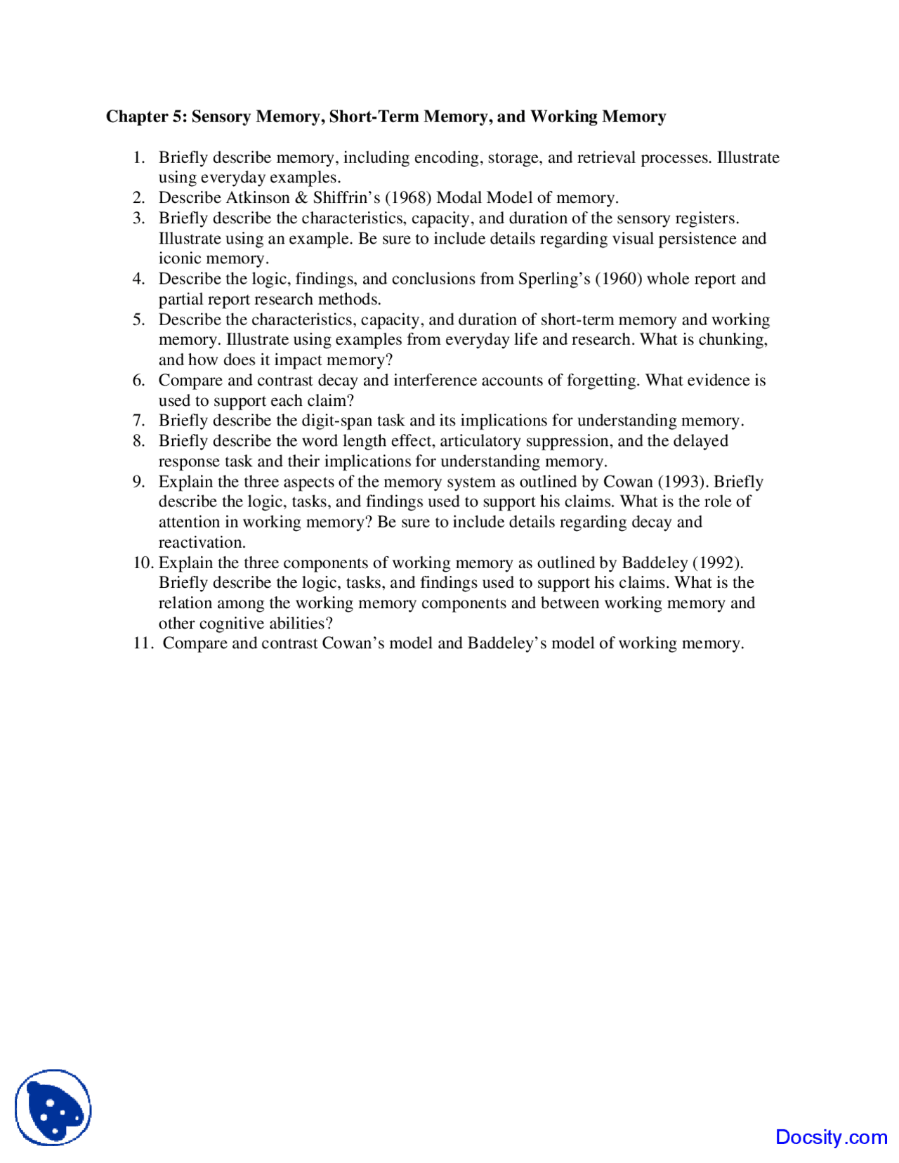 Sensory Memory Short Term Memory Cognitive Psychology Quiz Docsity