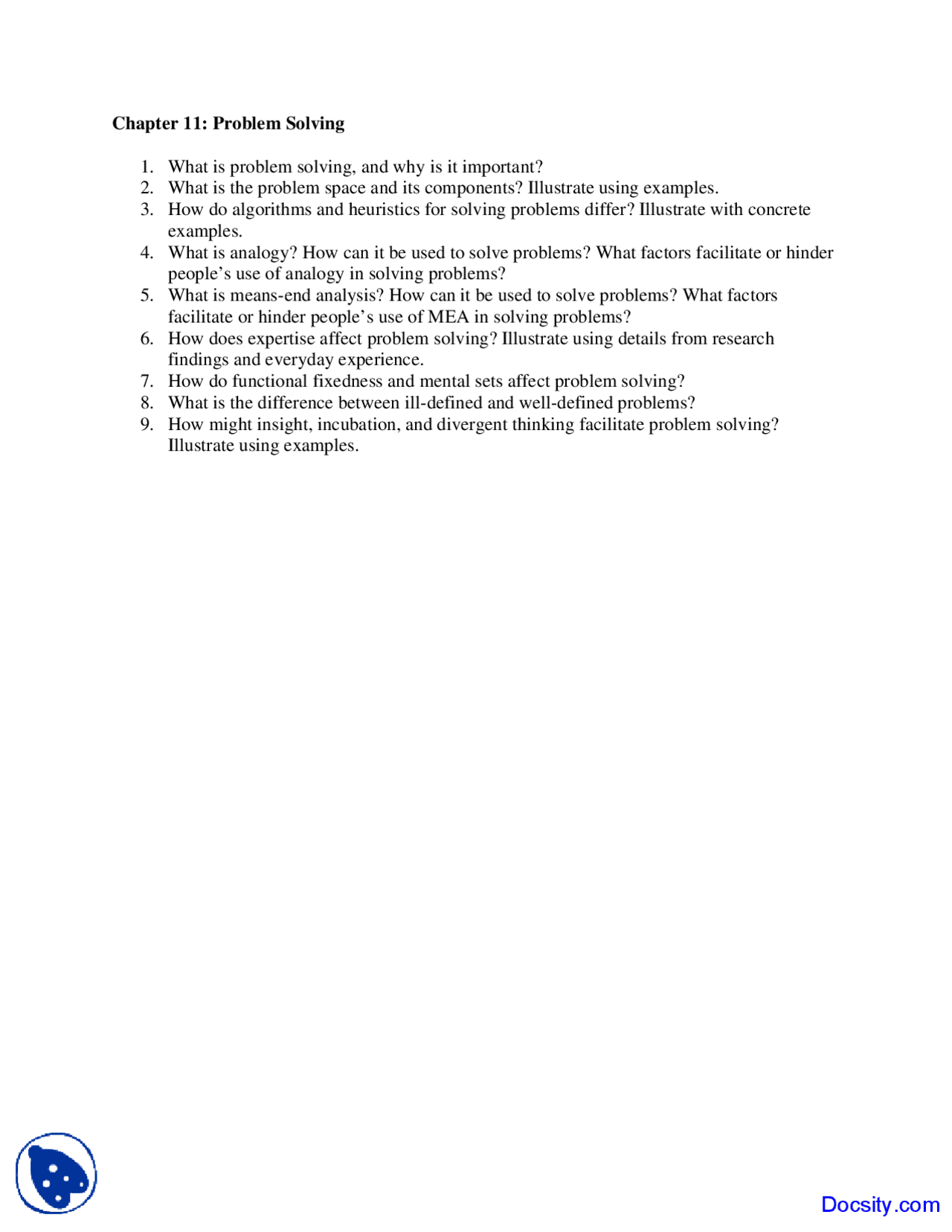 Problem Solving - Cognitive Psychology - Quiz - Docsity