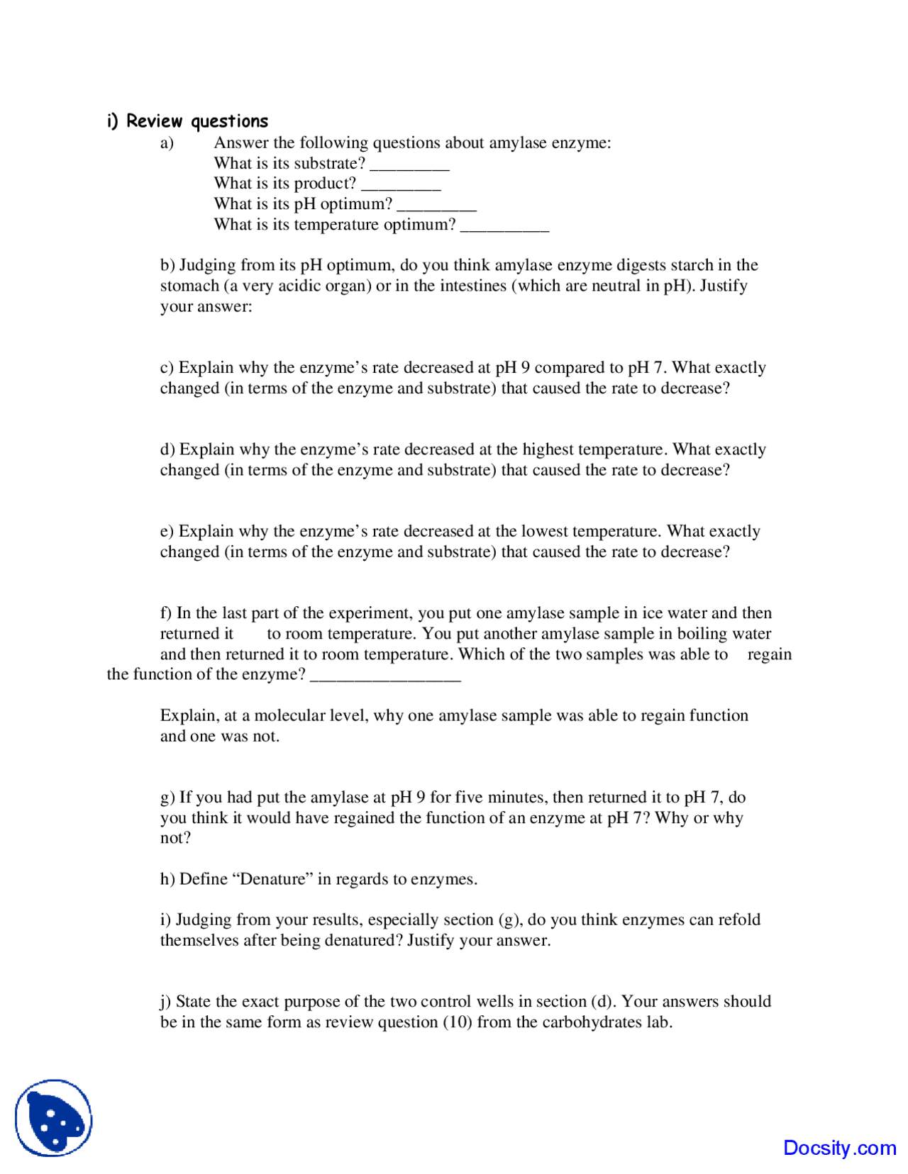 Amylase Enzyme Fundamental Biological Concepts Quiz Docsity