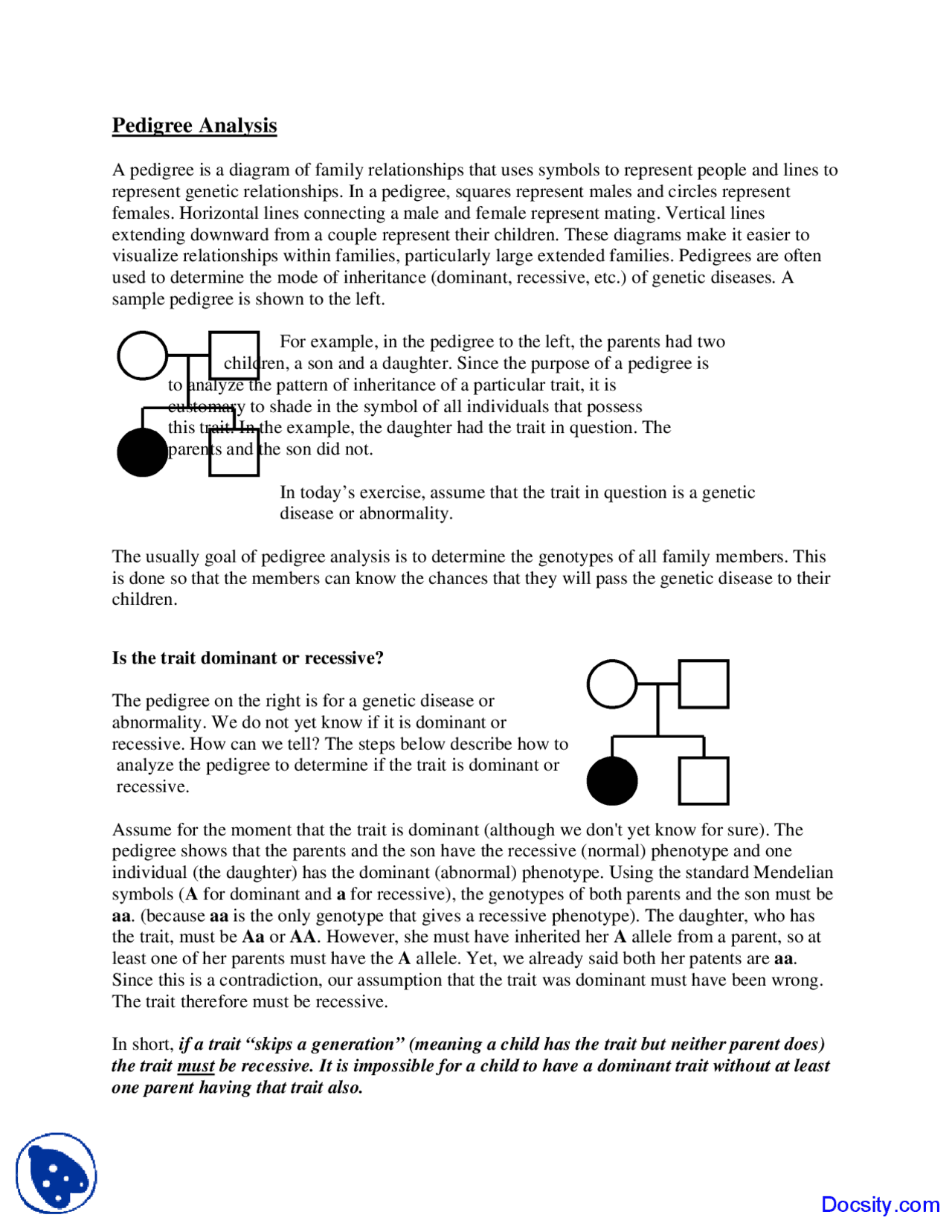 Pedigree Analysis Fundamental Biological Concepts Solved Quiz Docsity