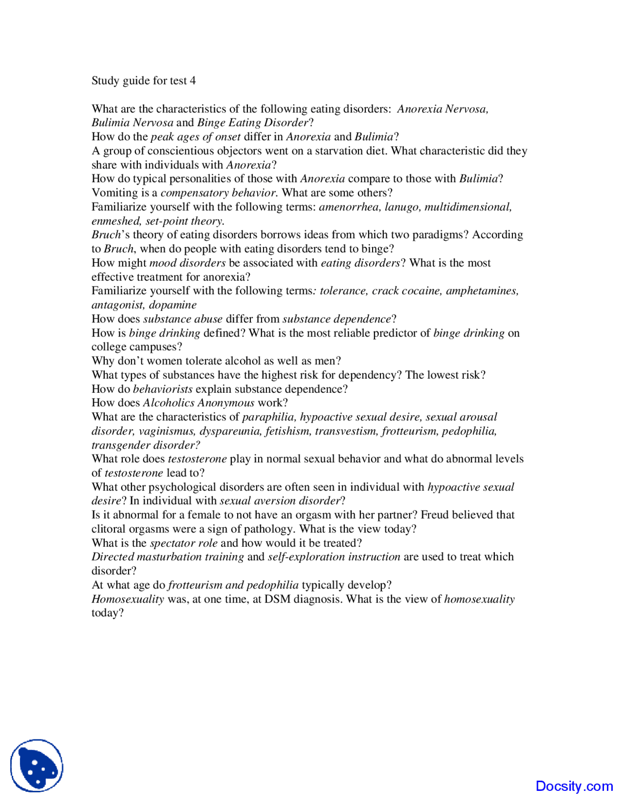 Eating Disorders - Abnormal Psychology - Exam Handouts - Docsity