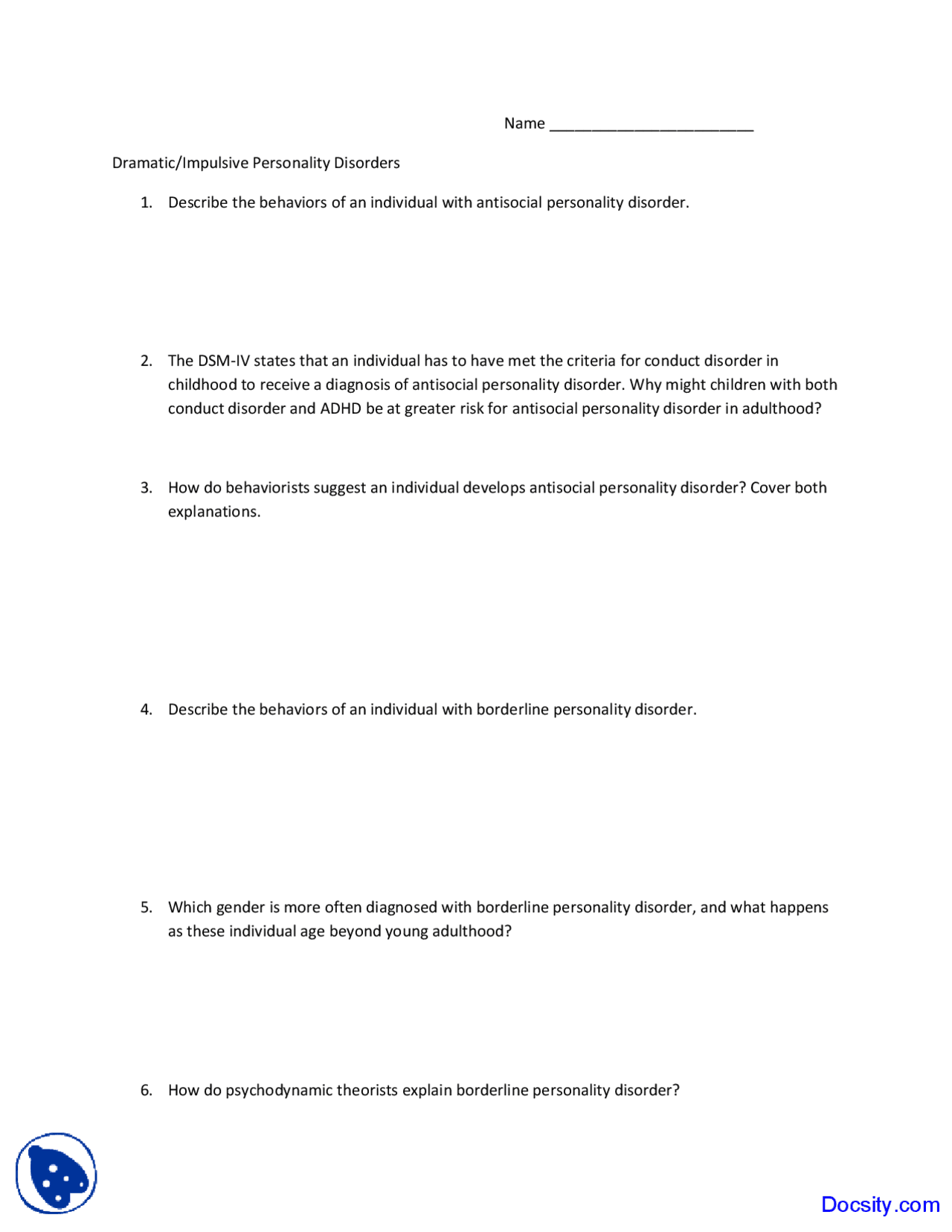 Impulsive Personality Disorders Abnormal Psychology Questions Docsity