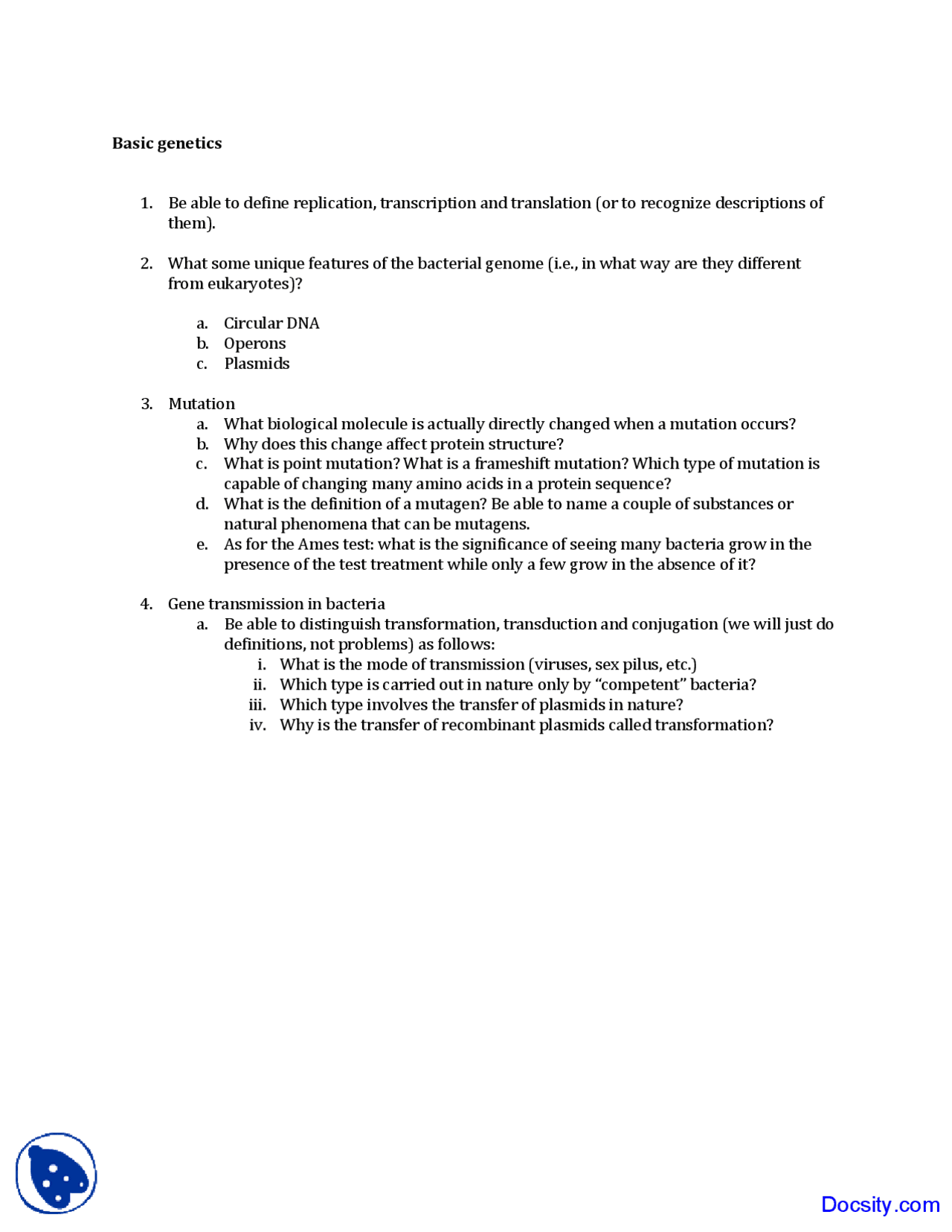 Basic Genetics Principles Of Microbiology Quiz Docsity
