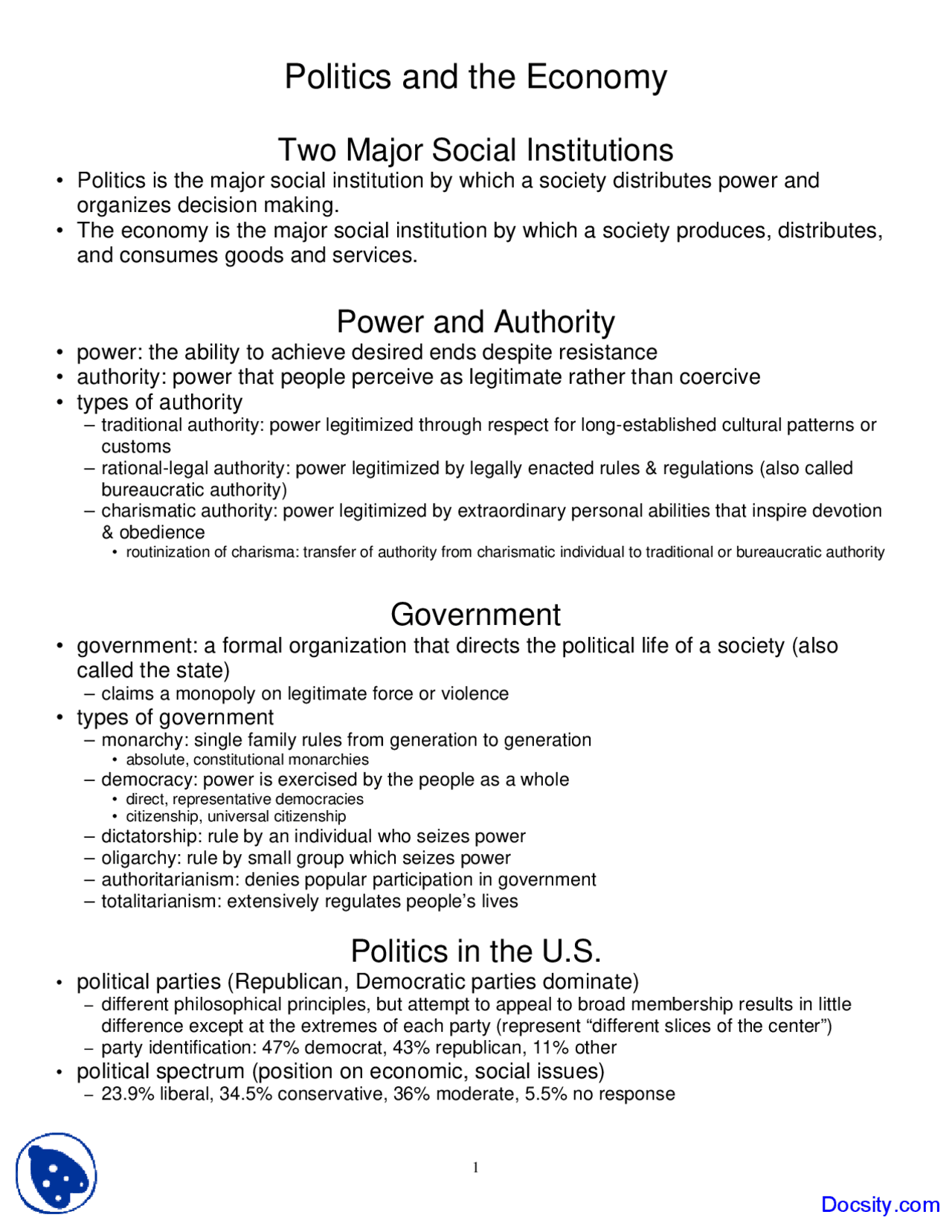 Politics And The Economy Introduction To Sociology Lecture Notes