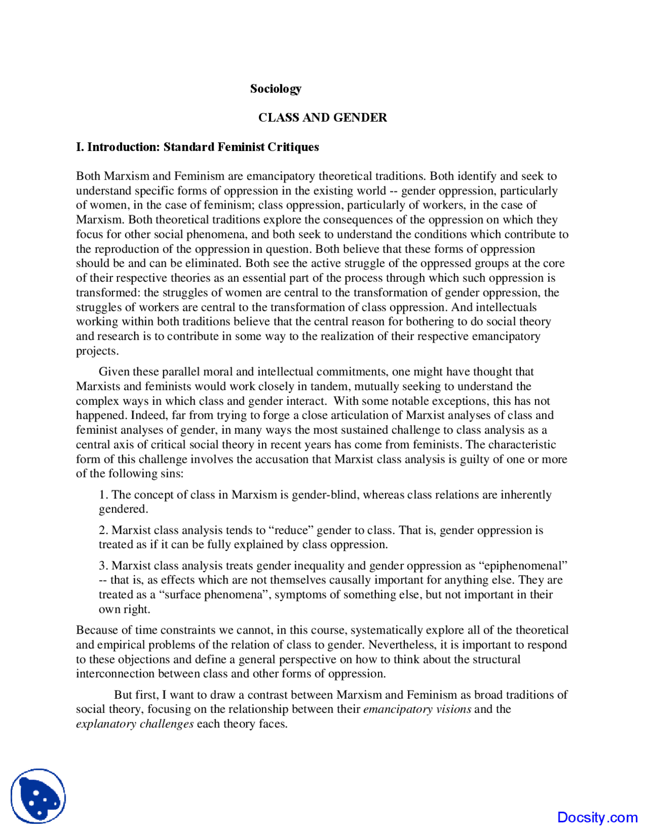 Class And Gender Introduction To Sociology Lecture Notes Docsity