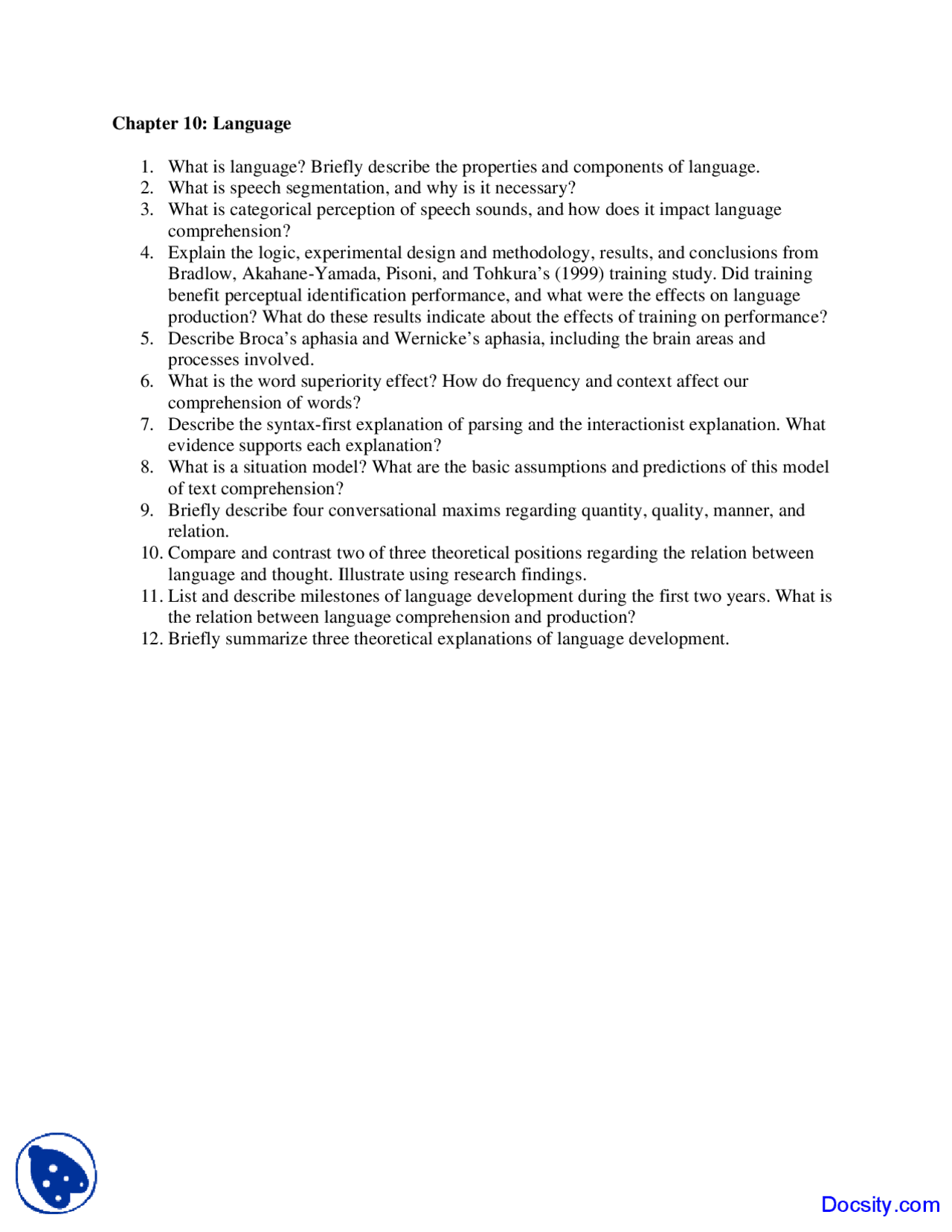 Language Cognitive Psychology Quiz Docsity