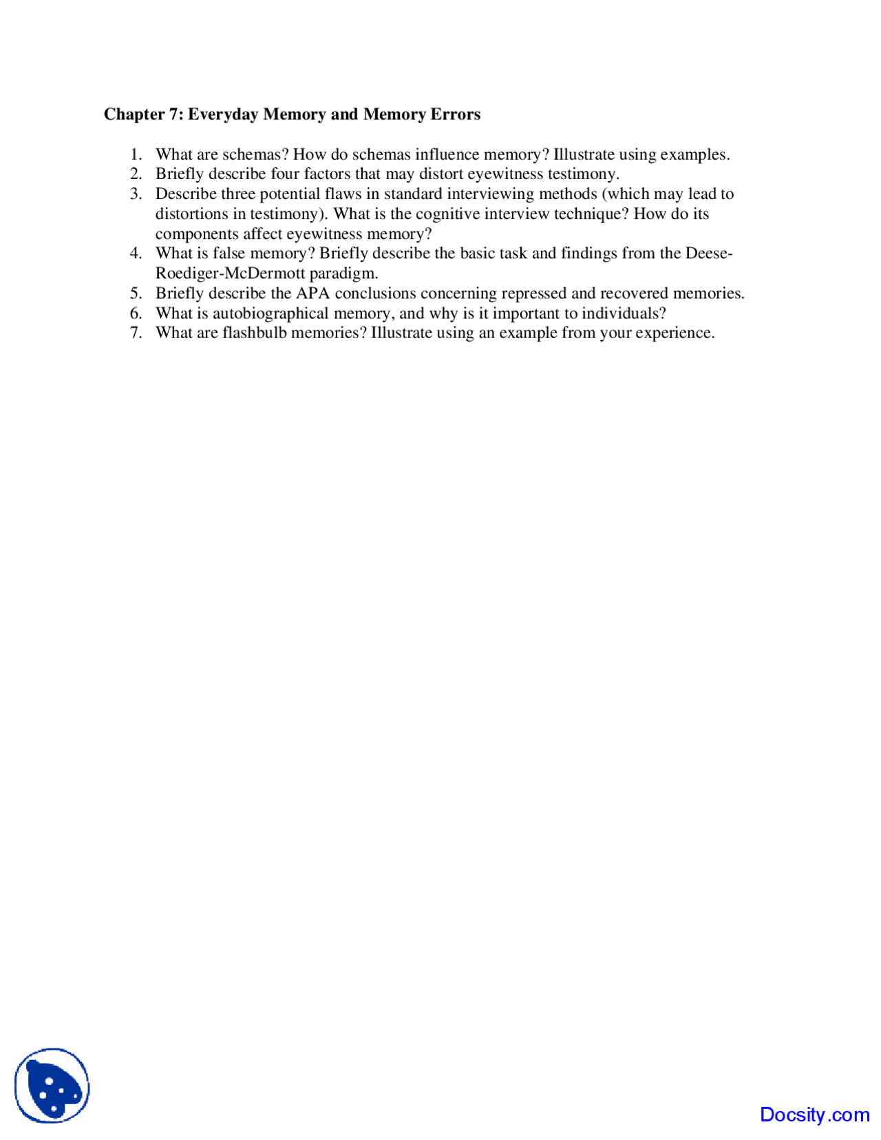 Everyday Memory And Memory Errors Cognitive Psychology Quiz Docsity