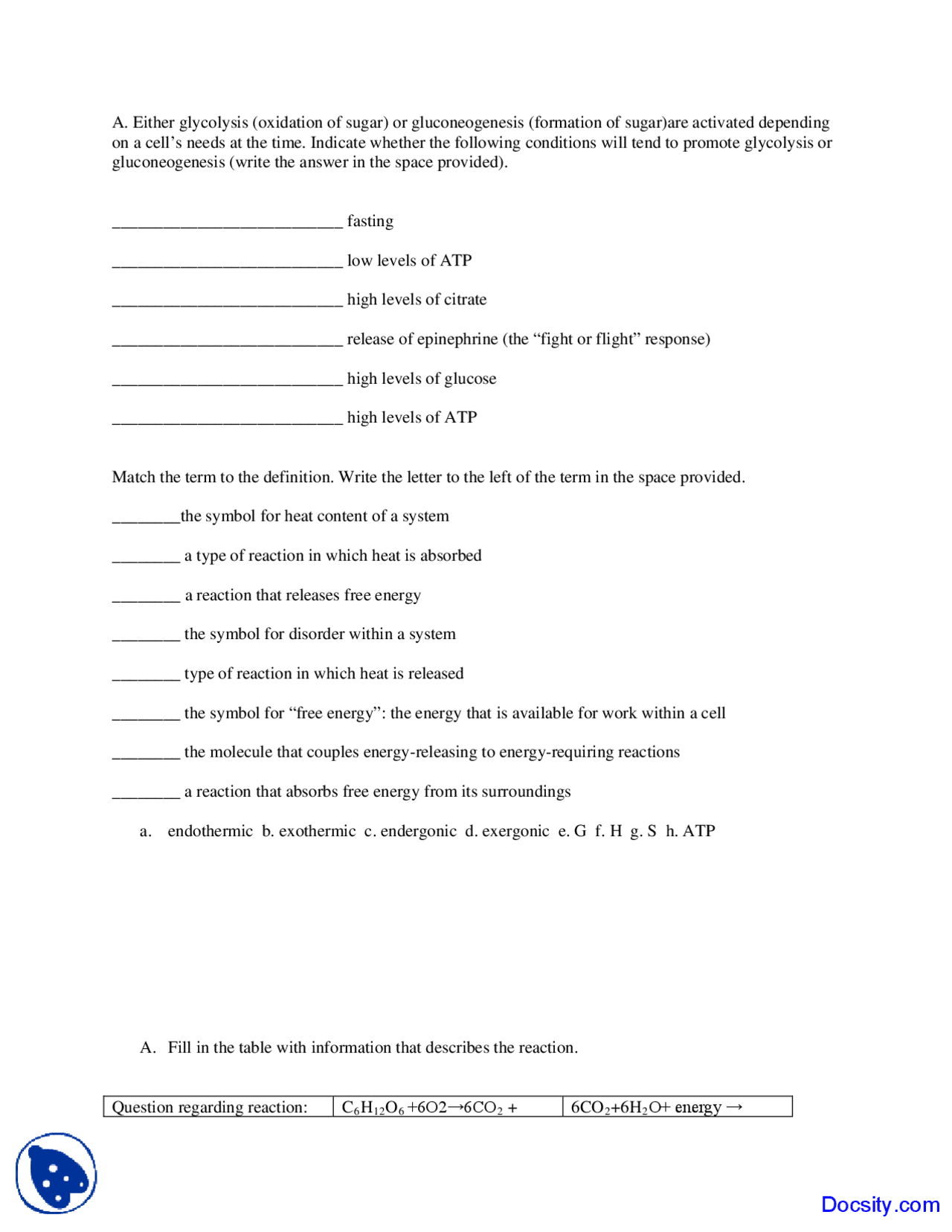 Glycolysis Fundamental Biological Concepts Quiz Docsity