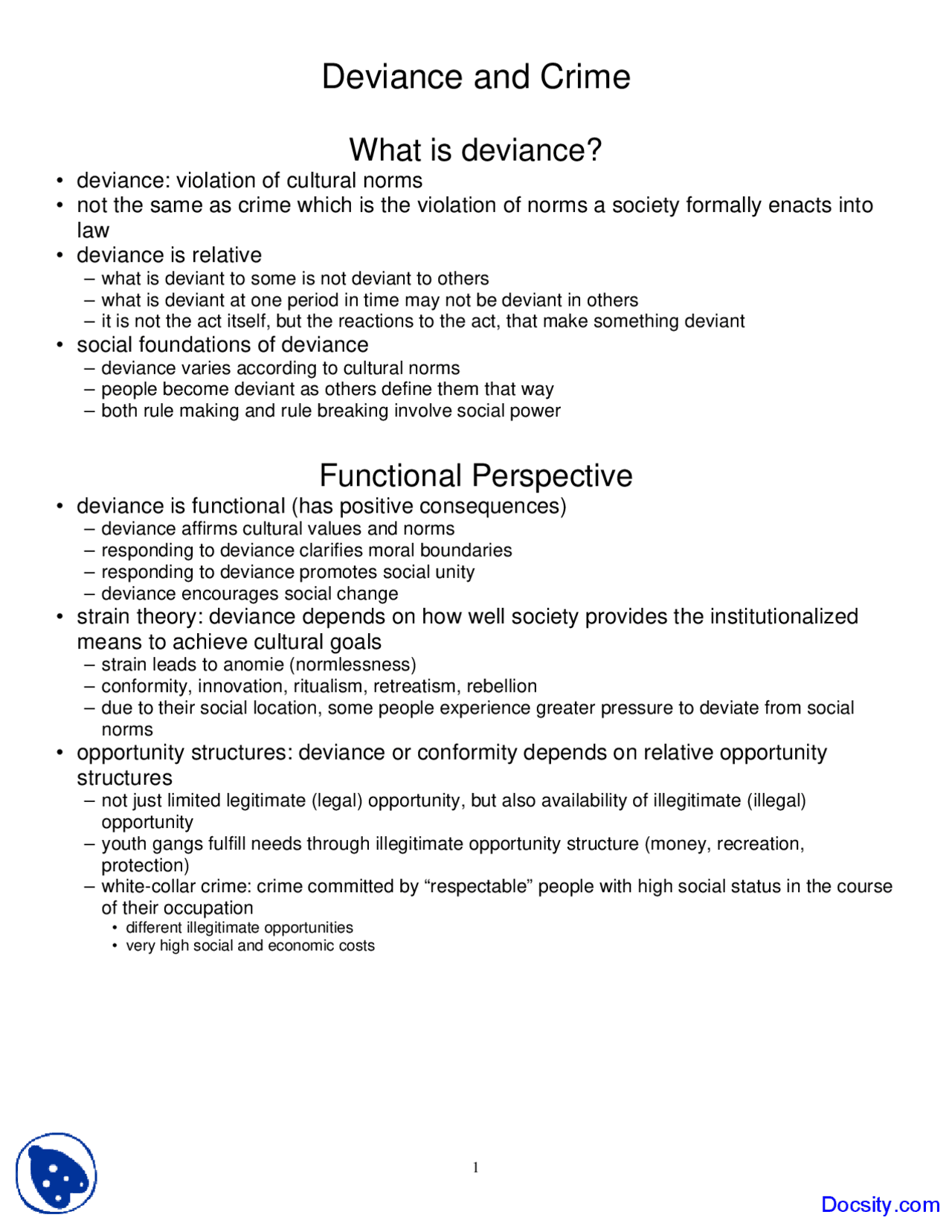 Deviance And Crime Introduction To Sociology Lecture Notes Docsity