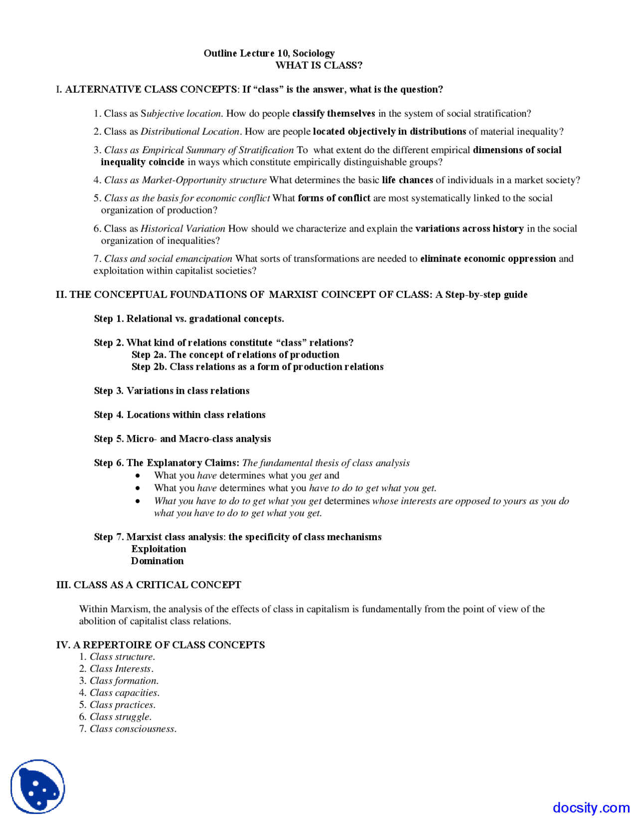 Different Classes Sociology Lecture Handouts Docsity